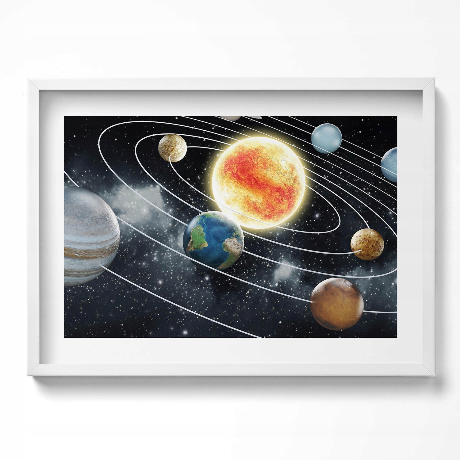 Dekorativní nástěnný obraz v bílém rámu s grafikou Sluneční soustava 70x50 cm za 1199.00CZK ...