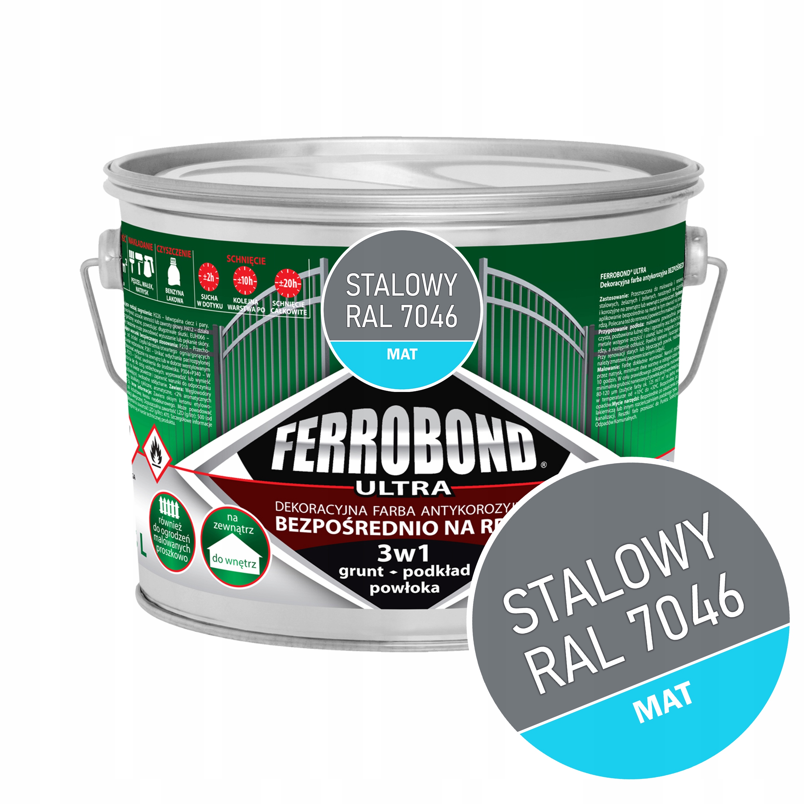 Farba do Metalu Żeliwa na Rdzę STALOWY MAT RAL 7046 2,5L Ferrobond ...