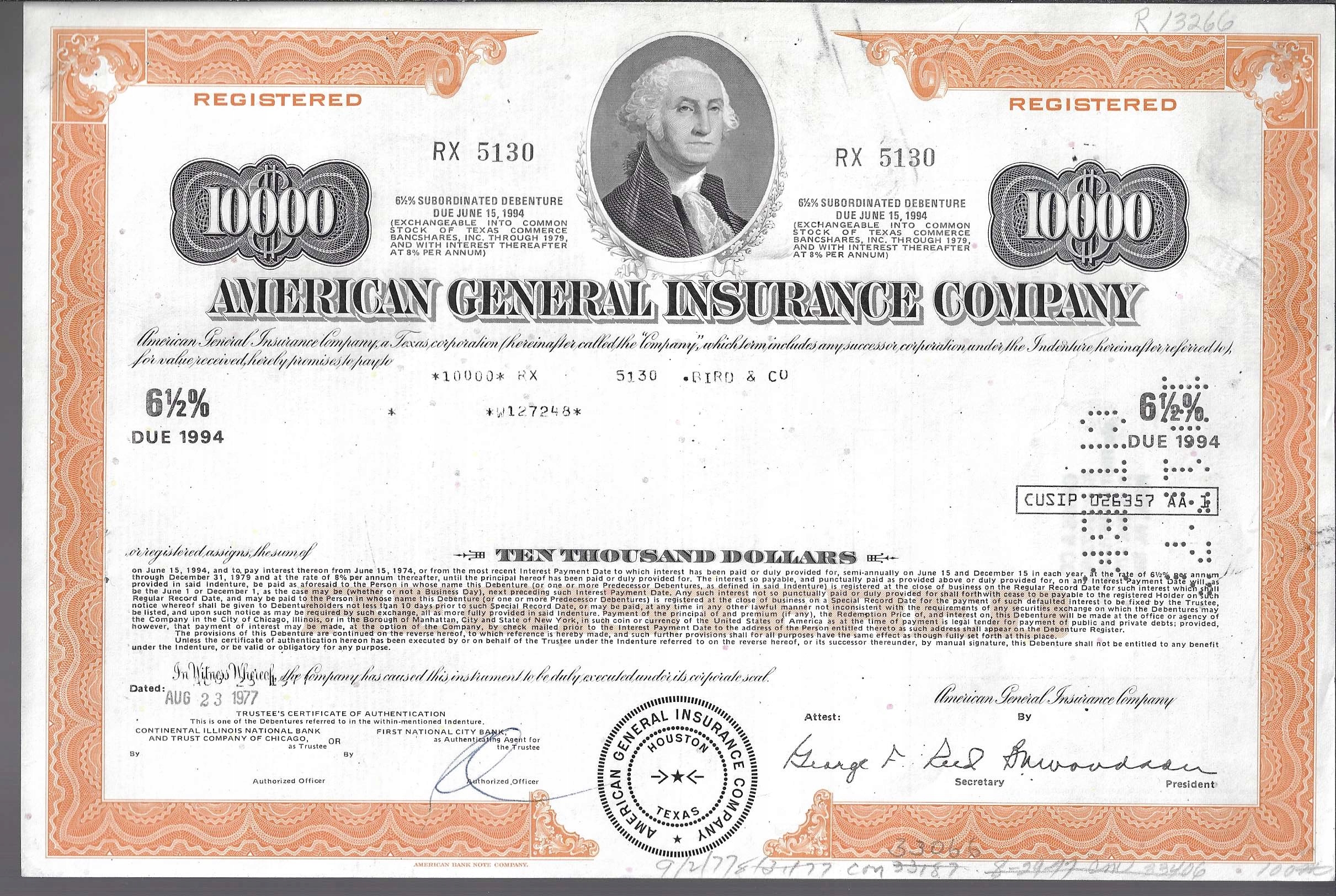 American General Insurance Company 1977 Akce / Dluhopis 10 000 $ za 154 ...