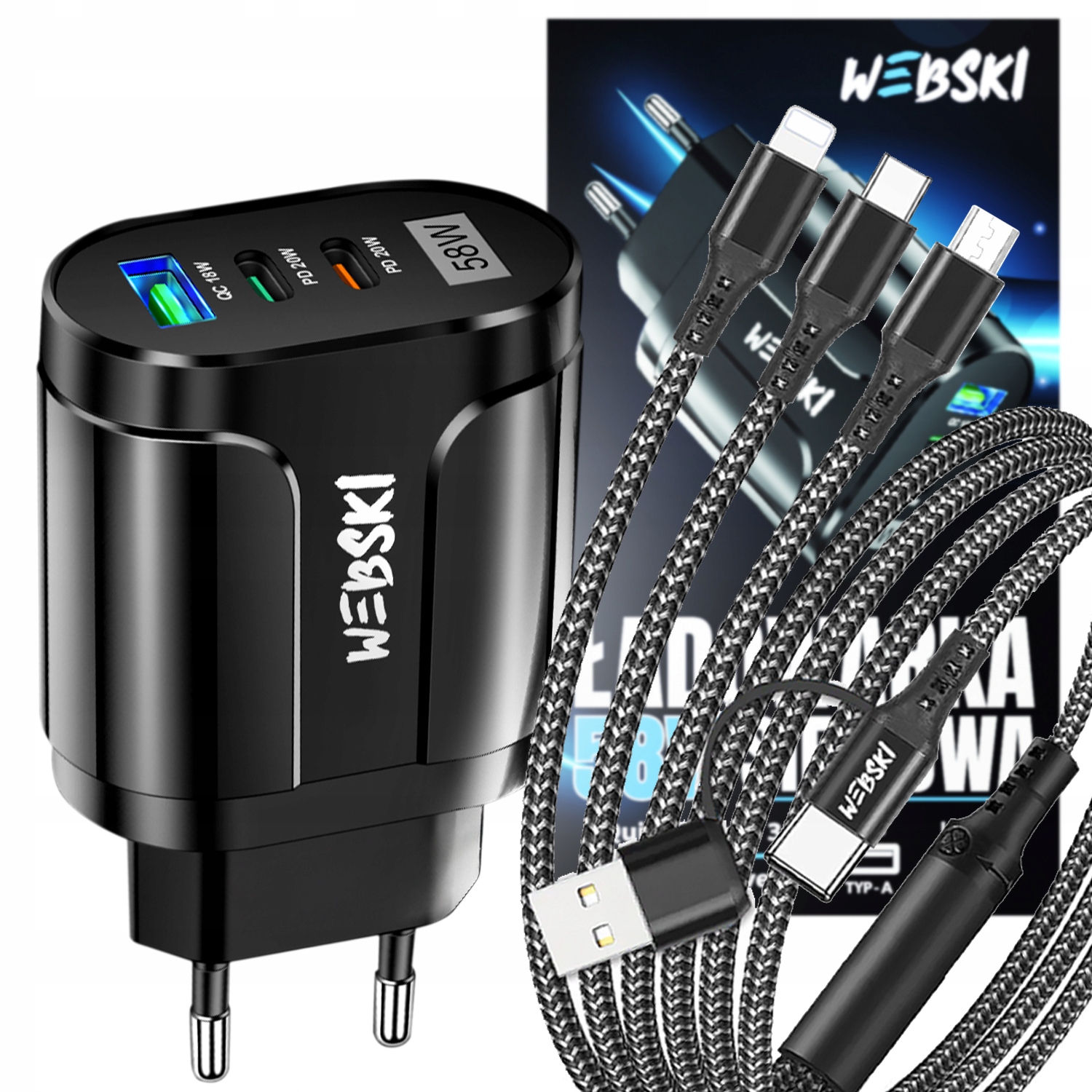 SZYBKA MOCNA ŁADOWARKA UNIWERSALNA + KABEL 6w1 microUSB USB-C 8PIN iPHONE - Sklep, Opinie, Cena ...