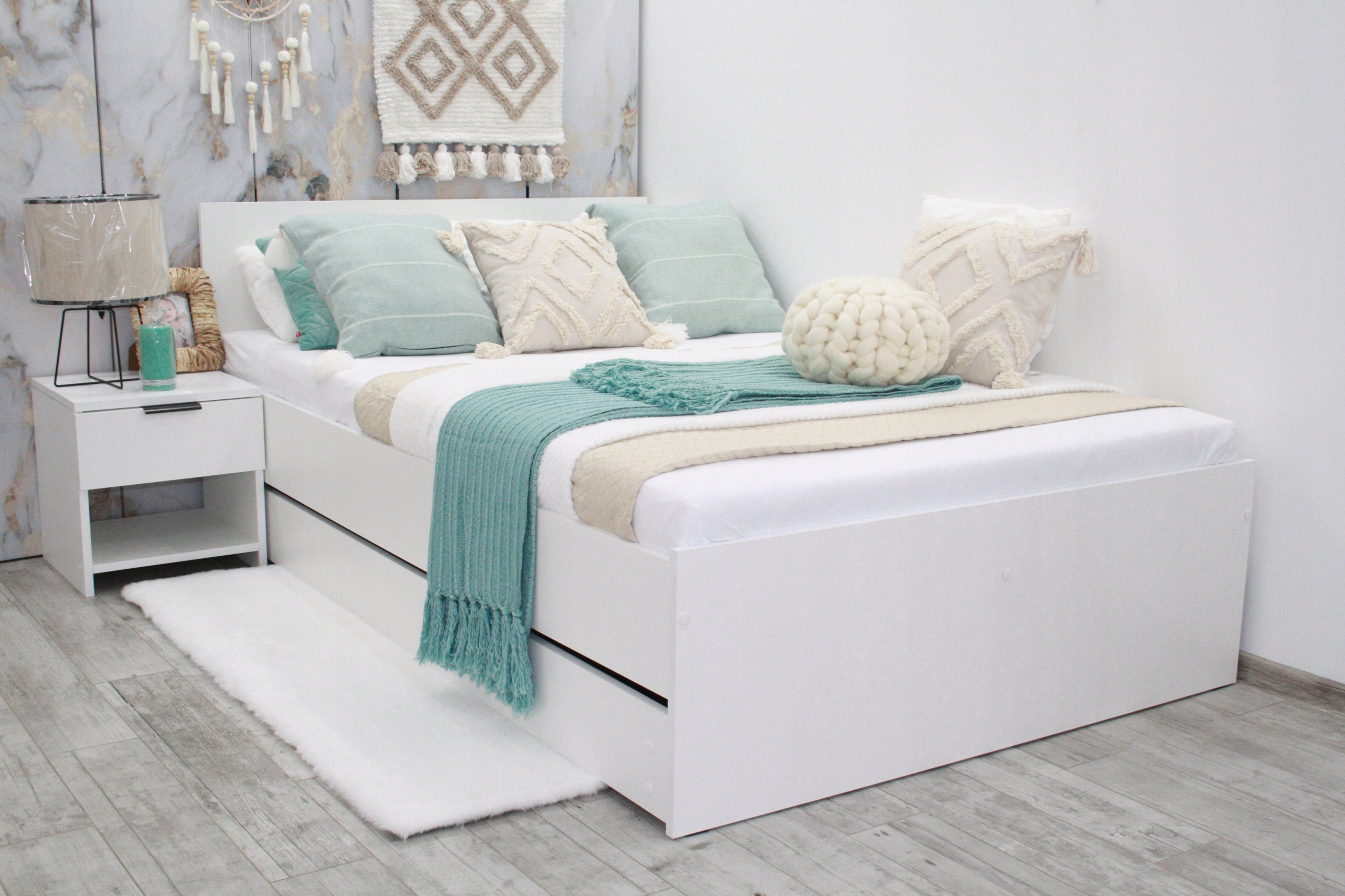 Łóżko podwójne 120x200 biały drewnopodobne z pojemnikiem i zagłówkiem ...