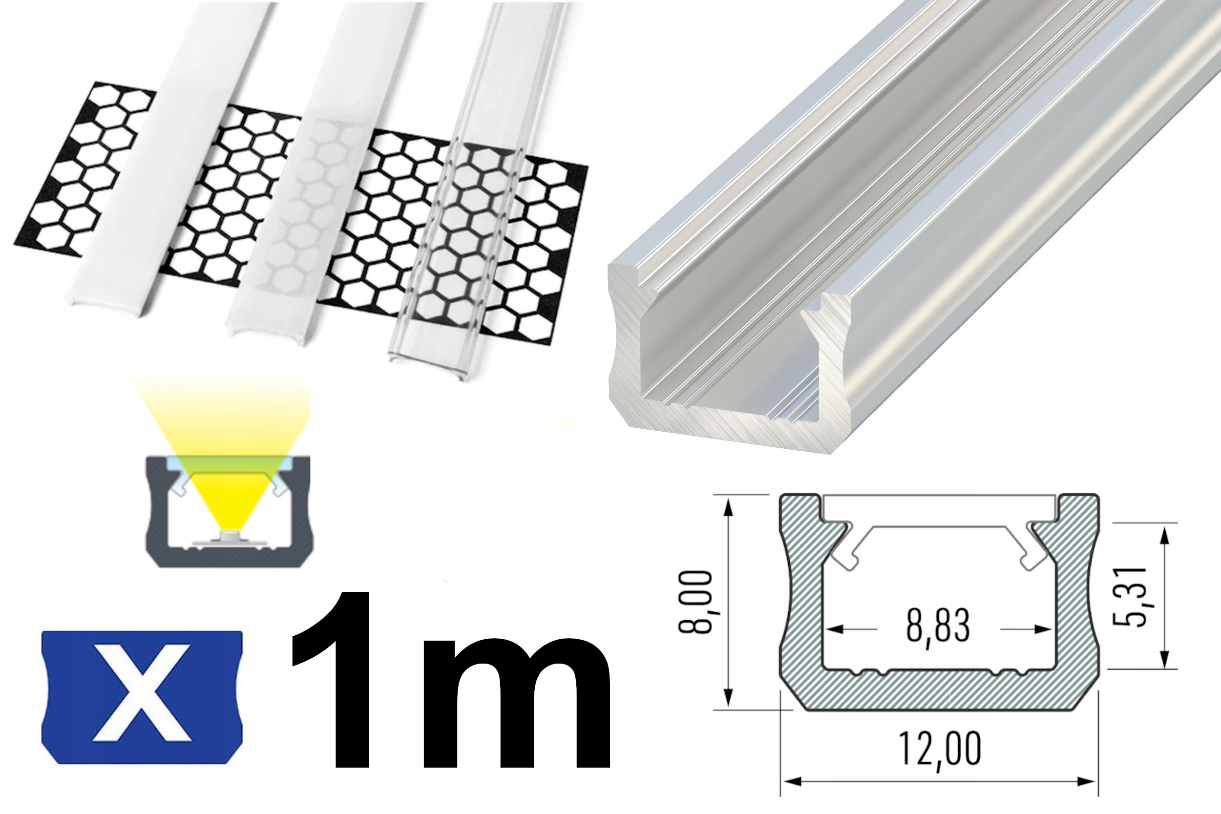 PROFIL DO TAŚM LED WĄSKI 12mm 1M SREBRNY + KLOSZ (PROFIL DO TAŚM LED ...