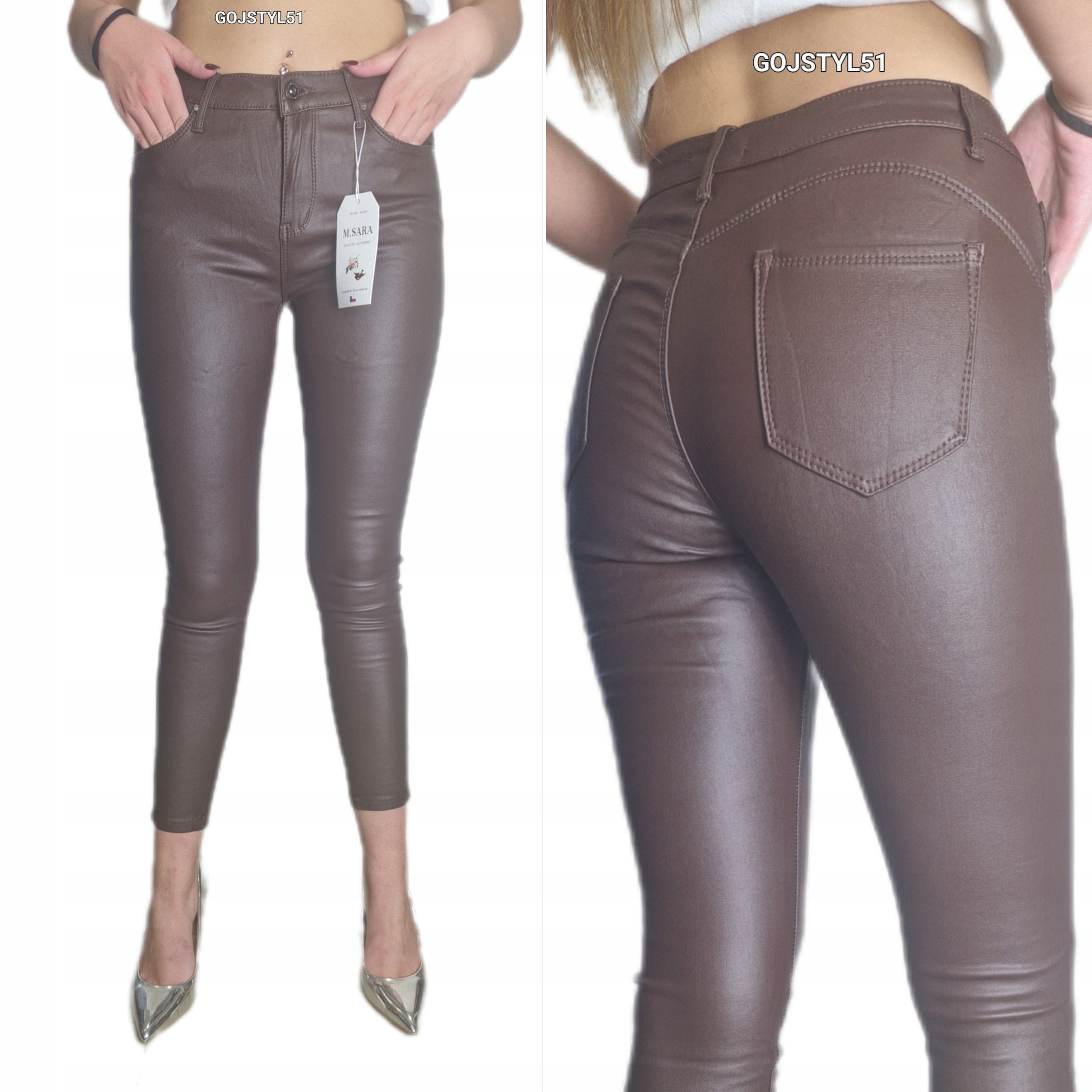 Spodnie Damskie Rurki Ekoskóra Brązowe Woskowane Push Up • Cena, Opinie ...