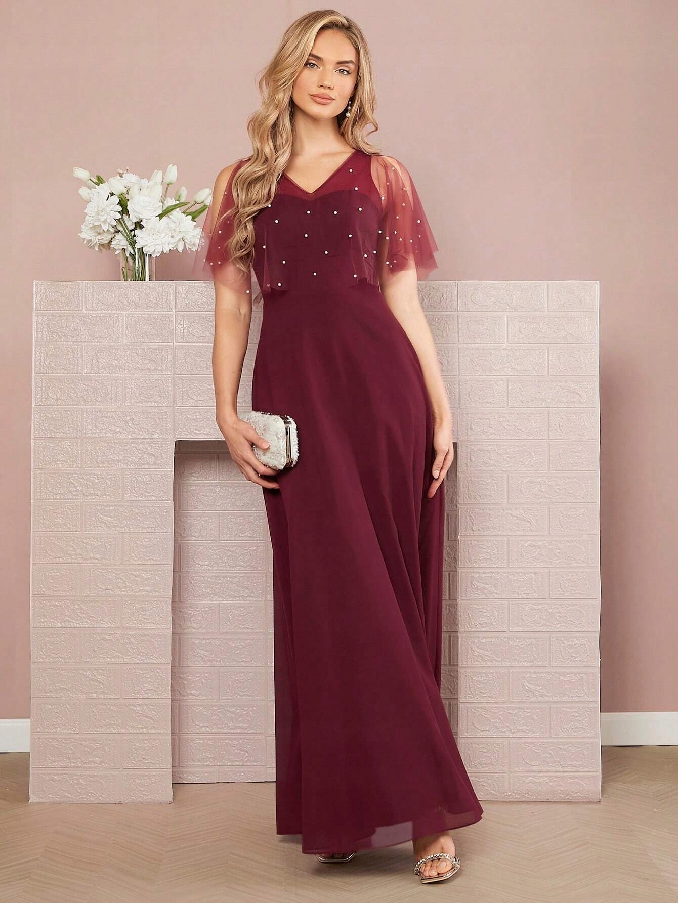 SHEIN BORDOWA SIATECZKOWA SUKIENKA MAXI Z PERŁAMI DRUHNA S 10157 • Cena ...