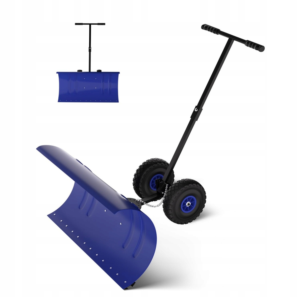 Ocelový sněhový pluh 75x40 cm s kolečky a T rukojetí, Modrý ...