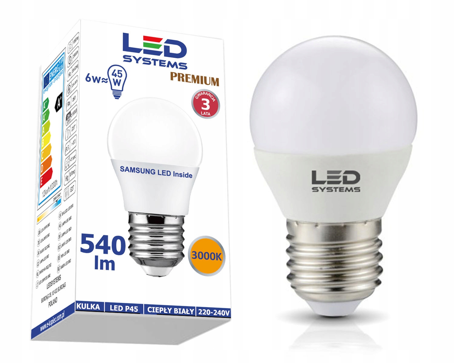 ŻARÓWKA LED E27 6W = 45W (SAMSUNG LED inside) KULKA 3000K BIAŁY CIEPŁY ...