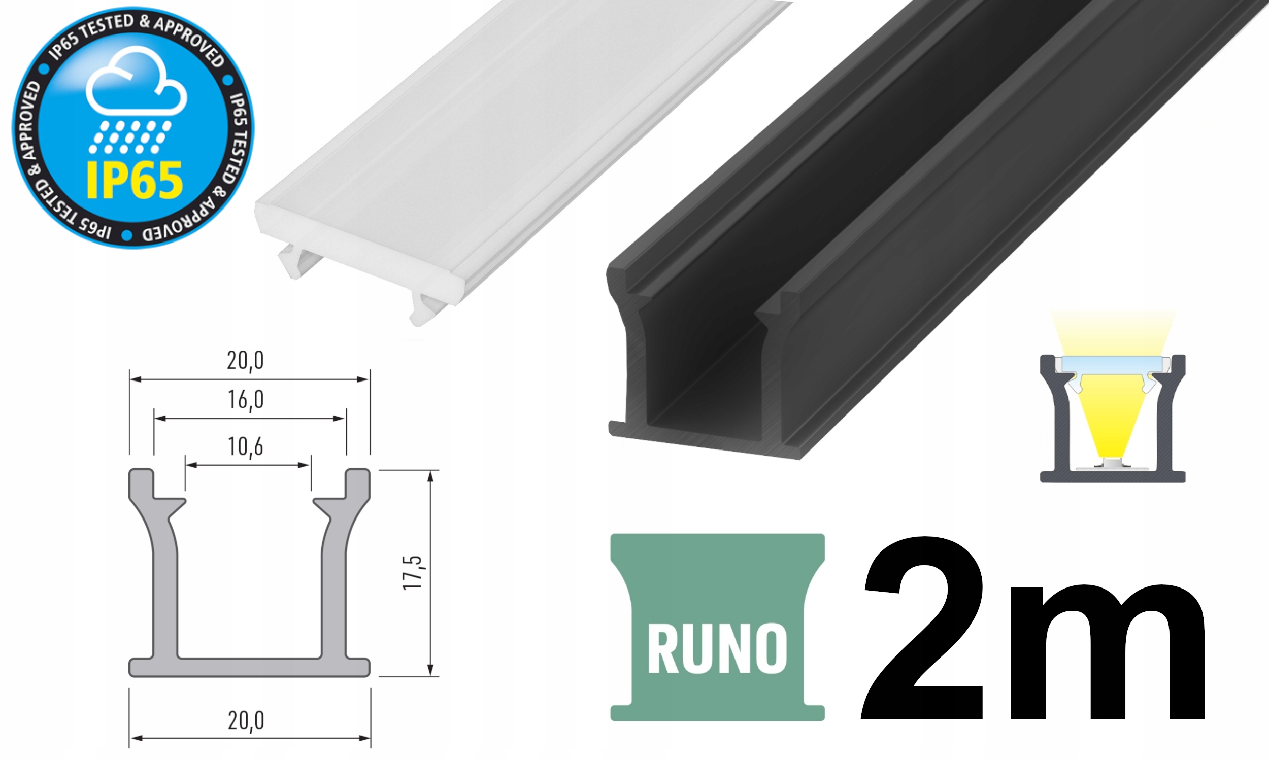 PROFIL LED WODOODPORNY IP65 IP67 RUNO CZARNY 2m (5904405927762) • Cena ...