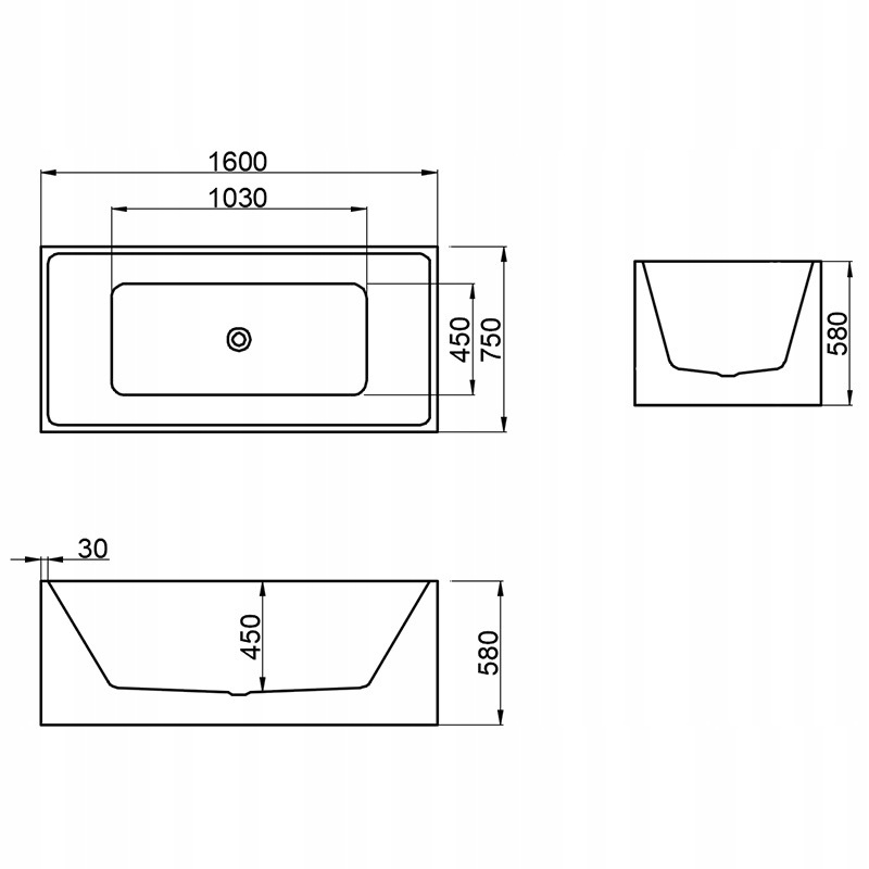 Wanna Wolnostojąca Przyścienna Santa 507B Biała Przelew Czarny 160X75 ...