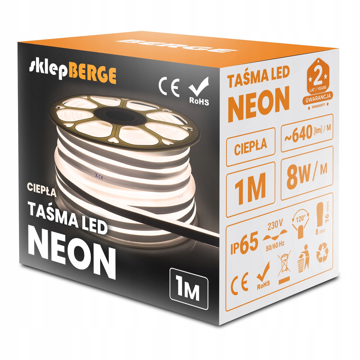 Taśma LED NEON 230V 8W ciepła IP68 1m Równomierne Światło Do Mebli ...