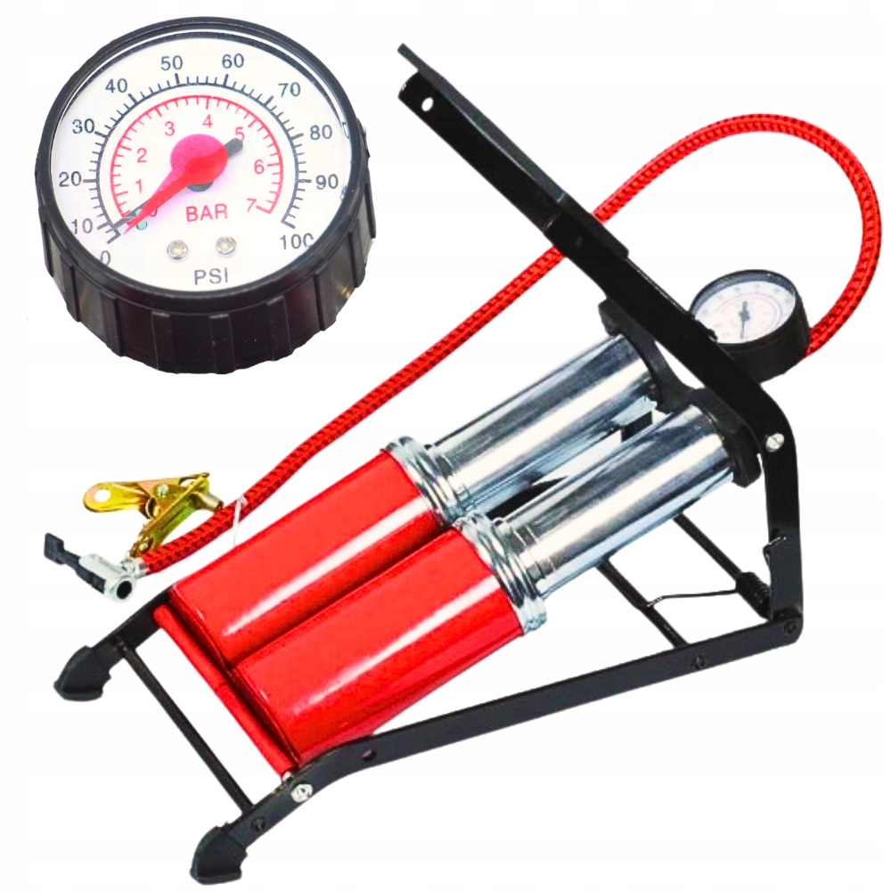 POMPKA SAMOCHODOWA NOŻNA DWUTŁOKOWADO ROWERÓW SOLIDNA MANOMETR ...