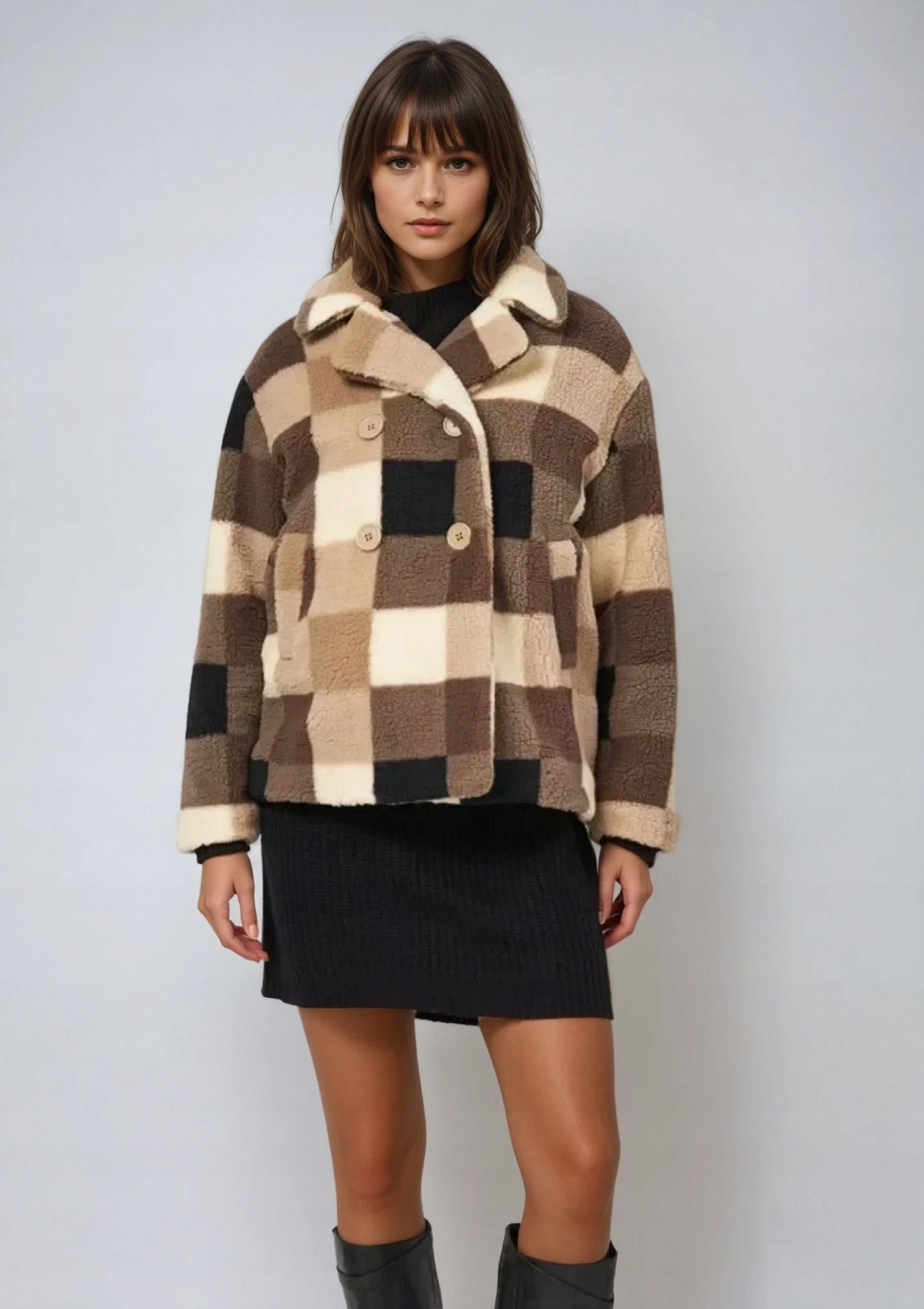 Kontrasztos kockás teddykabát, • Ár, Vélemények - Allegro