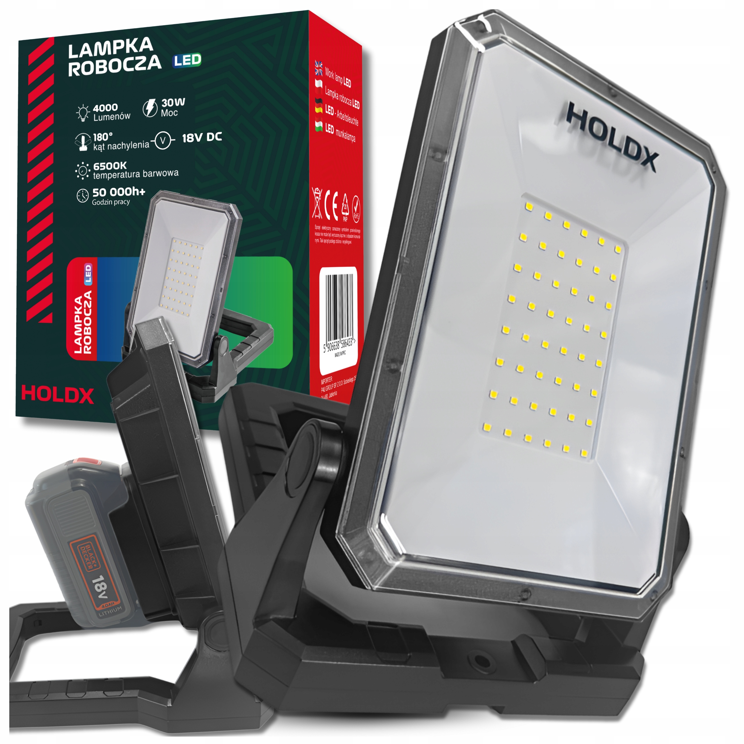 LAMPA ROBOCZA HALOGEN LED DO BLACK&DECKER Z USB 6500K PRZENOŚNA ...