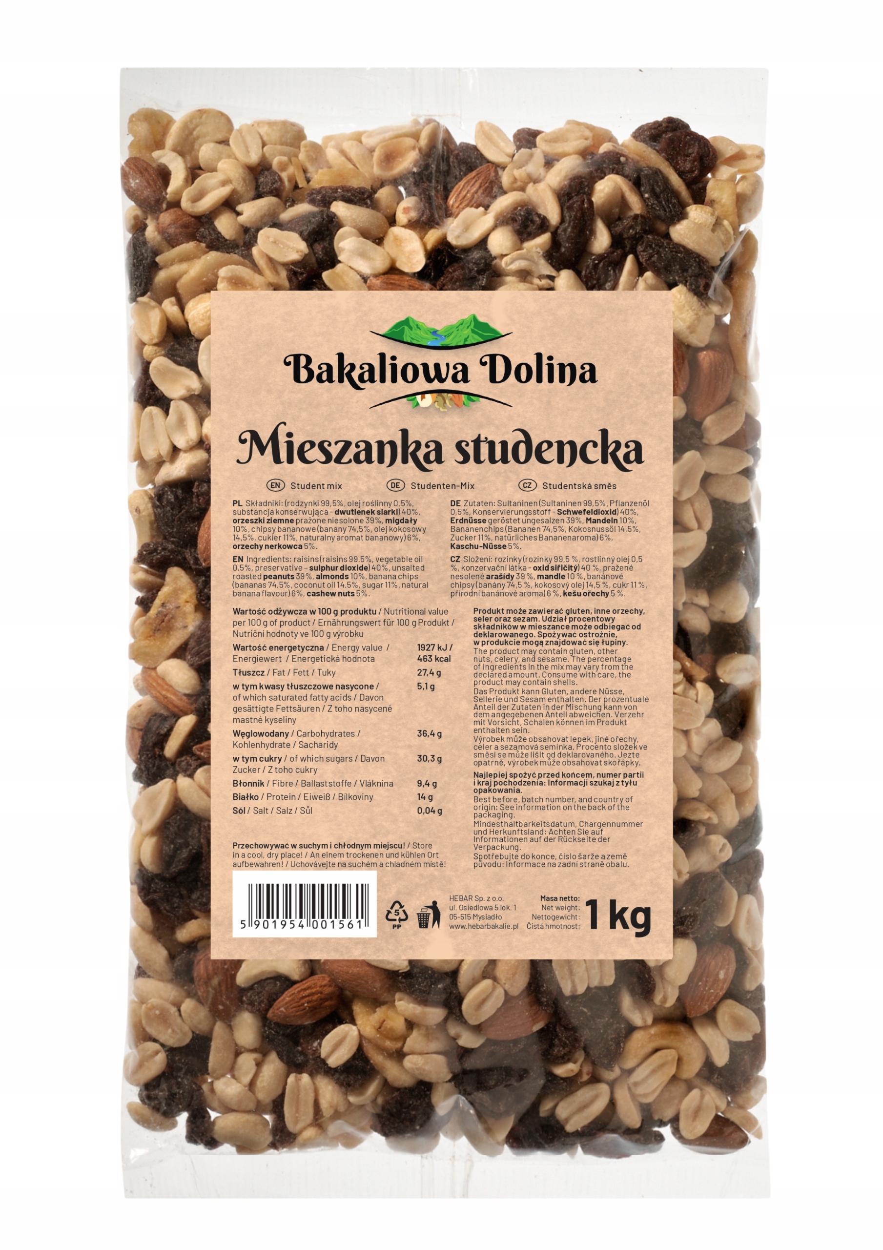 MIESZANKA STUDENCKA 1 KG 1000 G ORZECHY MIX BAKALIE NATURALNA PRZEKĄSKA (5901954001561) • Cena ...