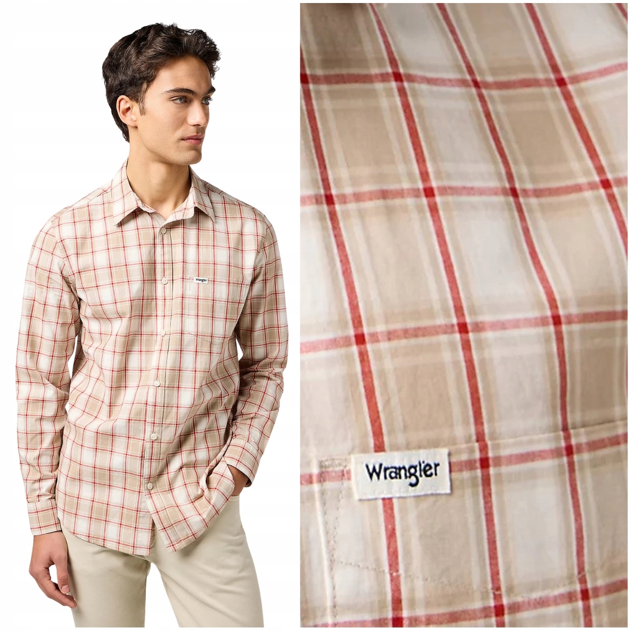 KOSZULA MĘSKA KRATKA LEN WRANGLER 112362768 1 PKT SHIRT TAN XXL ...