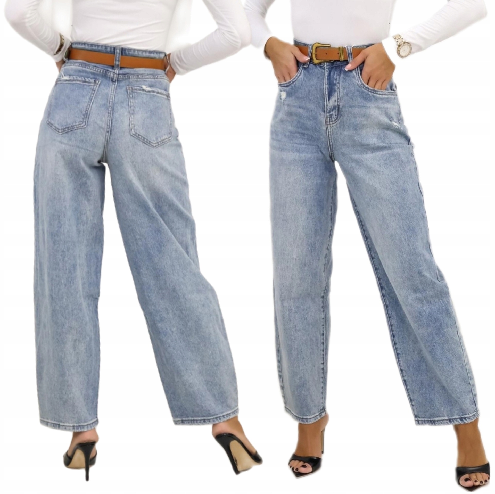 ELEGANCKIE MODNE SZEROKIE SPODNIE JEANSOWE BALLOON Z PASKIEM LUŹNE S ...