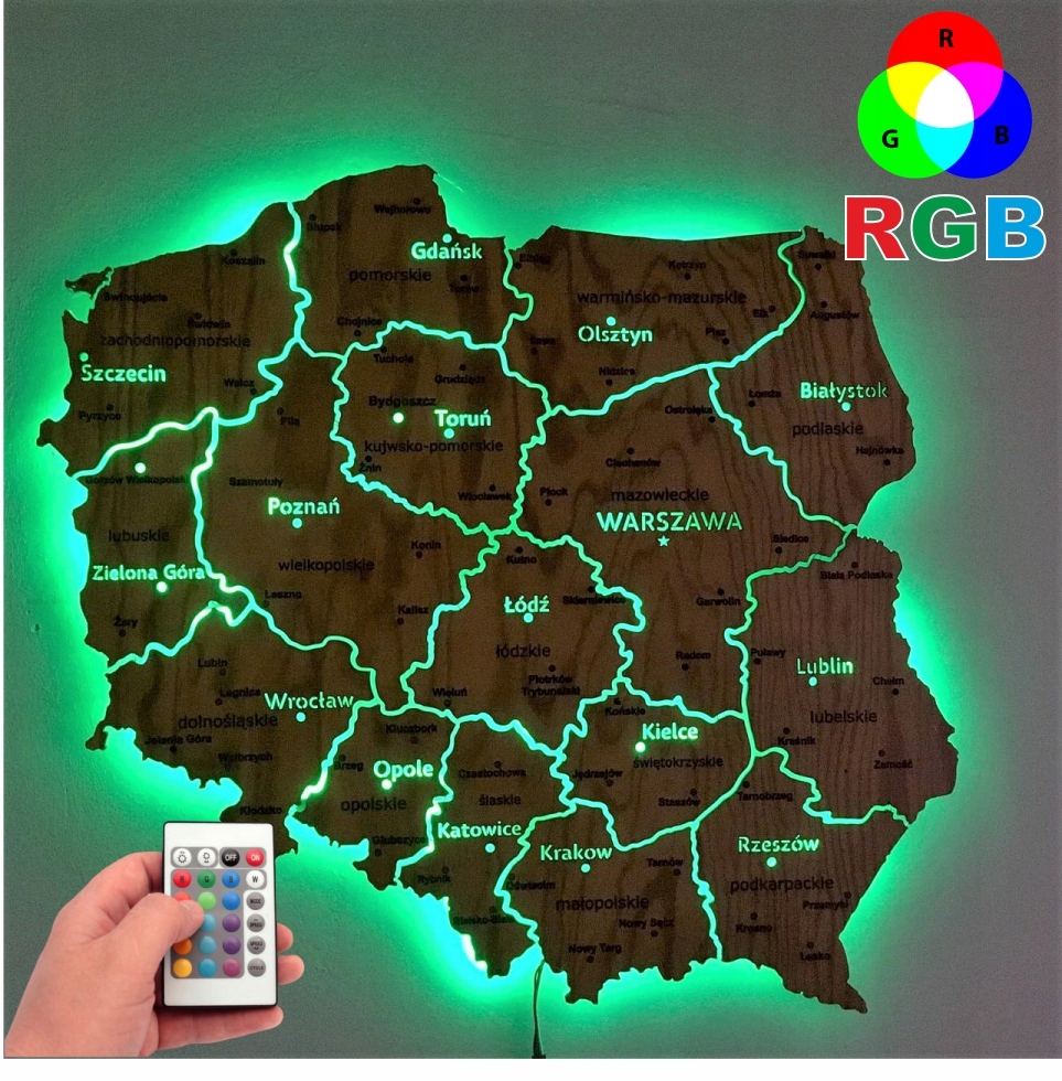 Mapa Polski na ścianie LED RGB 60x60 cm • Cena, Opinie • Obrazy ...