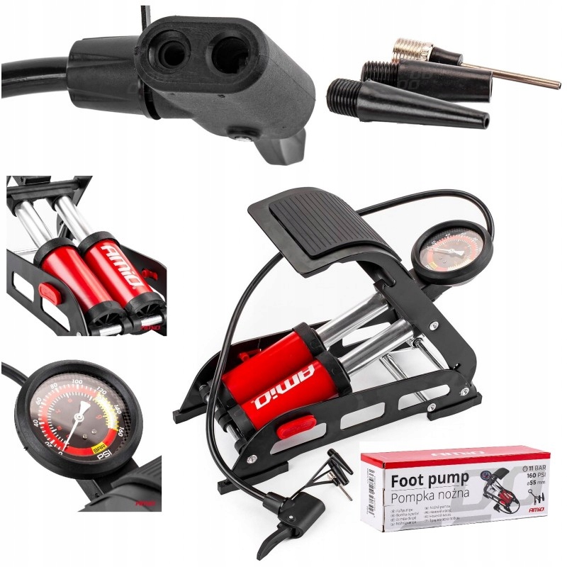 POMPKA NOŻNA DWUTŁOKOWA DO KÓŁ OPON SAMOCHODOWA ROWEROWA MANOMETR 11BAR ...