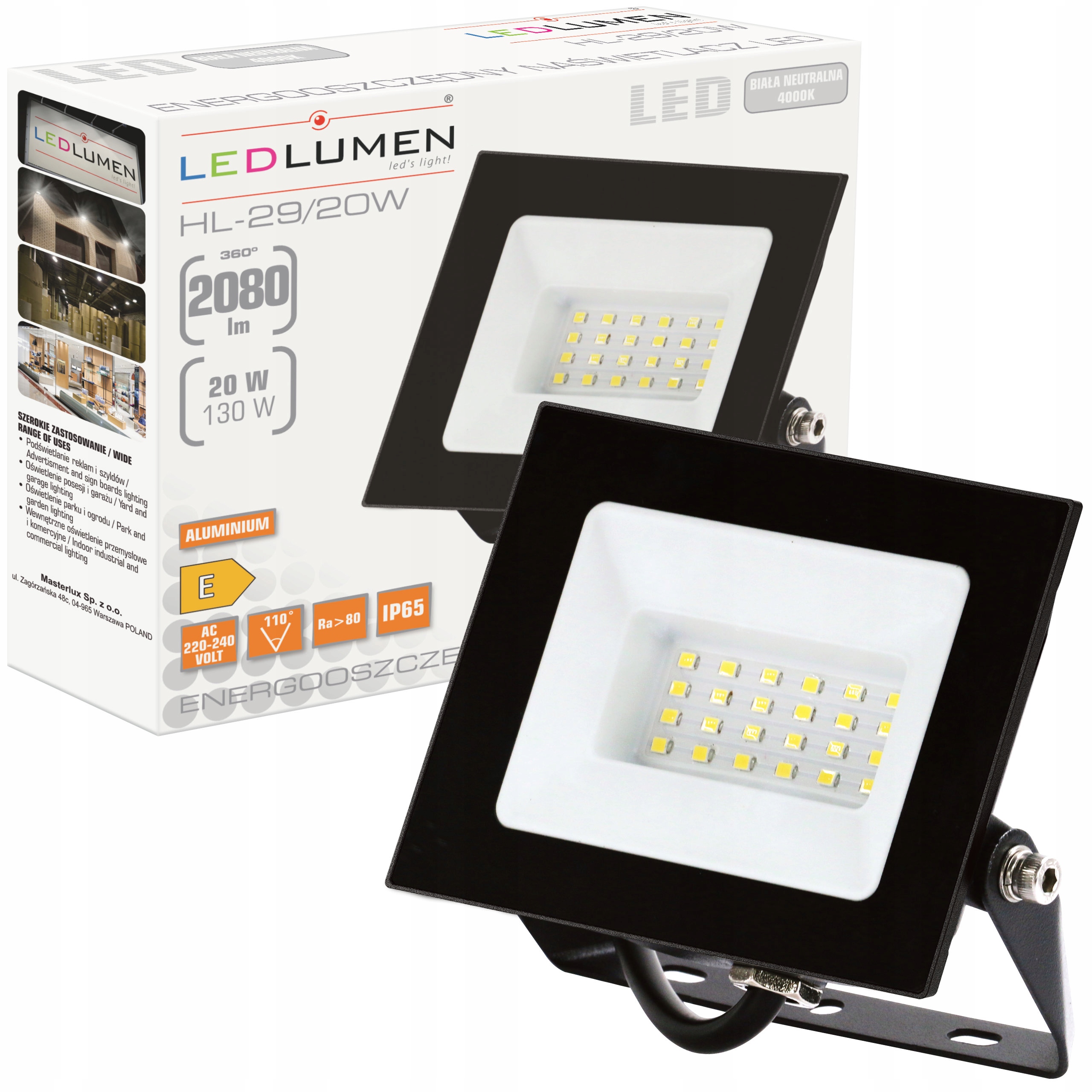 Naświetlacz LED 20W 2080lm=130W Halogen Reflektor Zewnętrzny Slim Lampa ...
