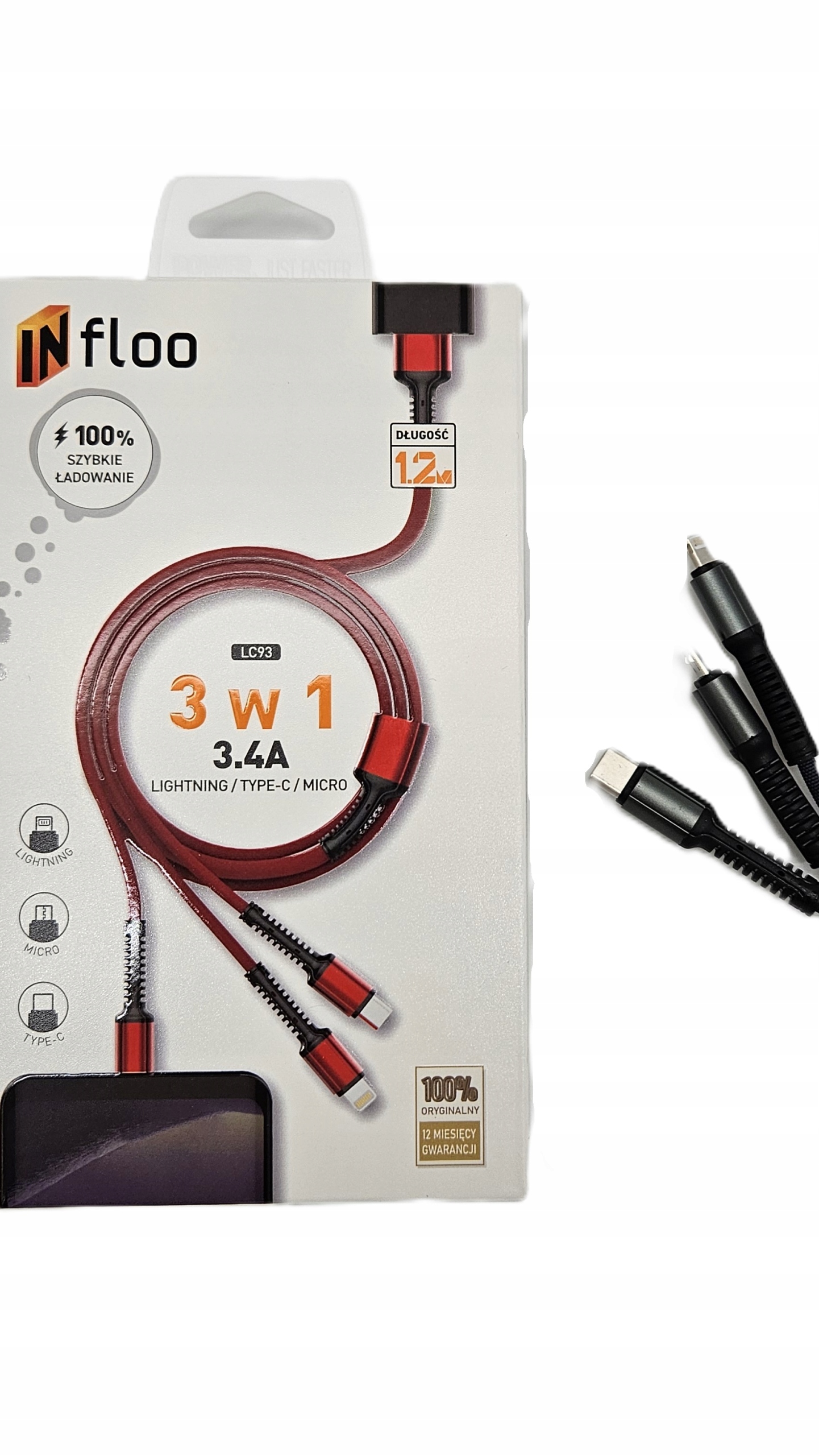 INFLOO KABEL USB 3w1 LIGHTNING/USB C/microUSB 3,4A 1.2m OPLOT SZARY - Sklep, Opinie, Cena w Allegro
