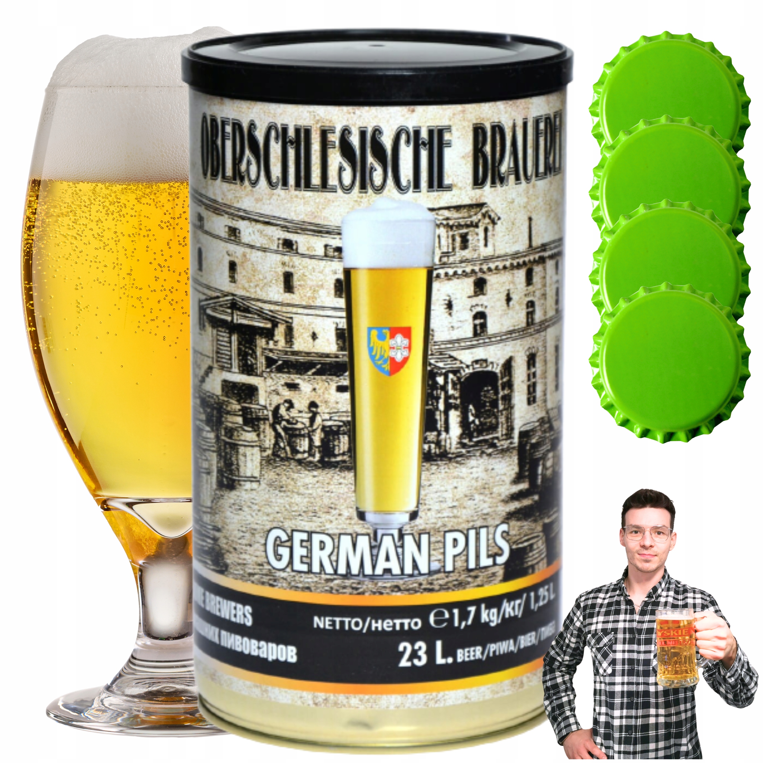 GERMAN PILS BREWKIT DOMOWE PIWO 23L + DROŻDŻE PUSZKA 1,7KG + KAPSLE DO ...