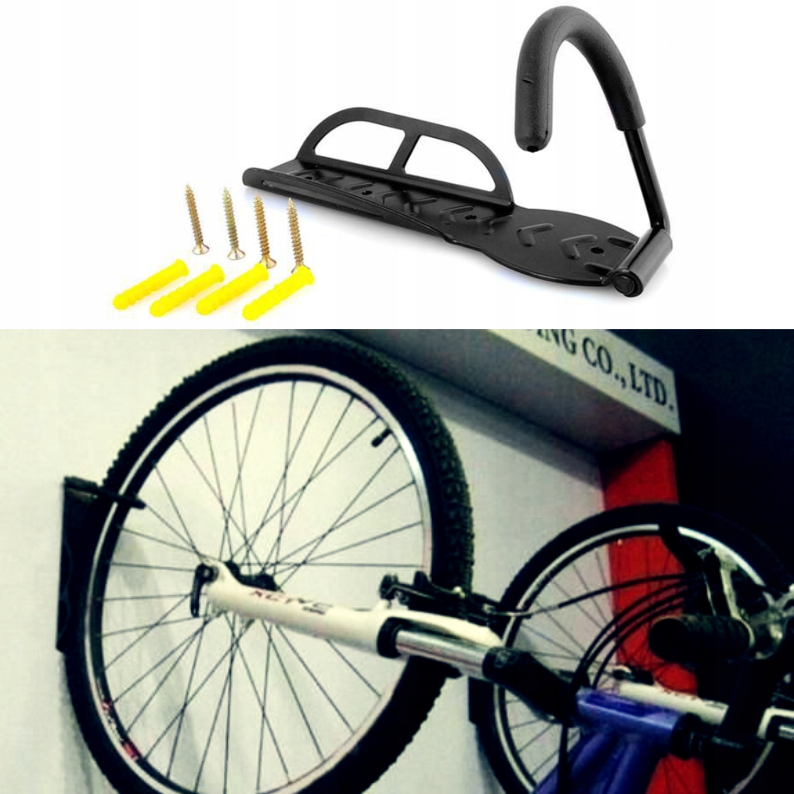 WIESZAK NA ROWER ŚCIENNY UCHWYT ROWEROWY HAK NA ŚCIANĘ MOCNY + KOŁKI ...