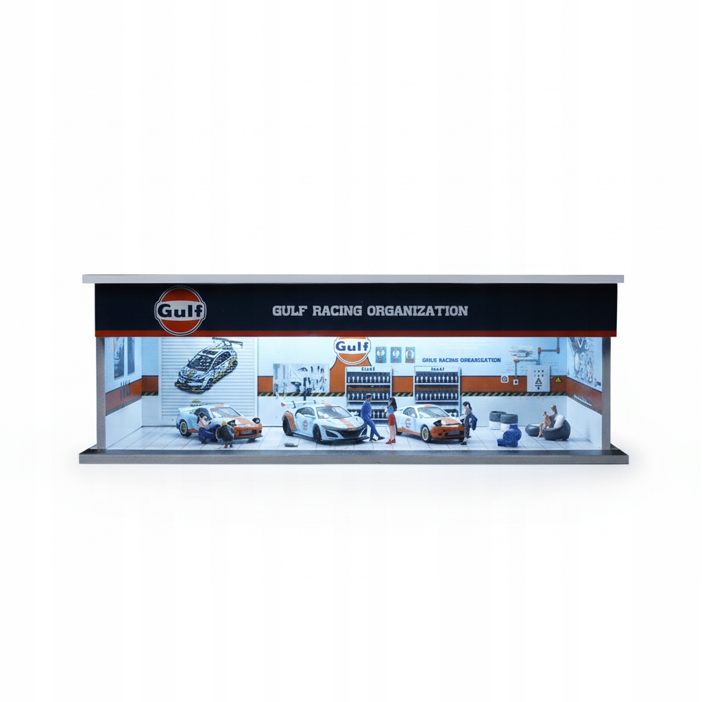 Gulf Racing garázs 1:64 LED akril vitrin - MoreArt dioráma cégtáblával ...