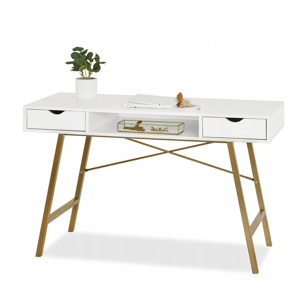 ELEGANCKIE BIURKO TOALETKA Z 2 SZUFLADAMI I PÓŁKĄ GAVLE BIAŁY ZŁOTE ...