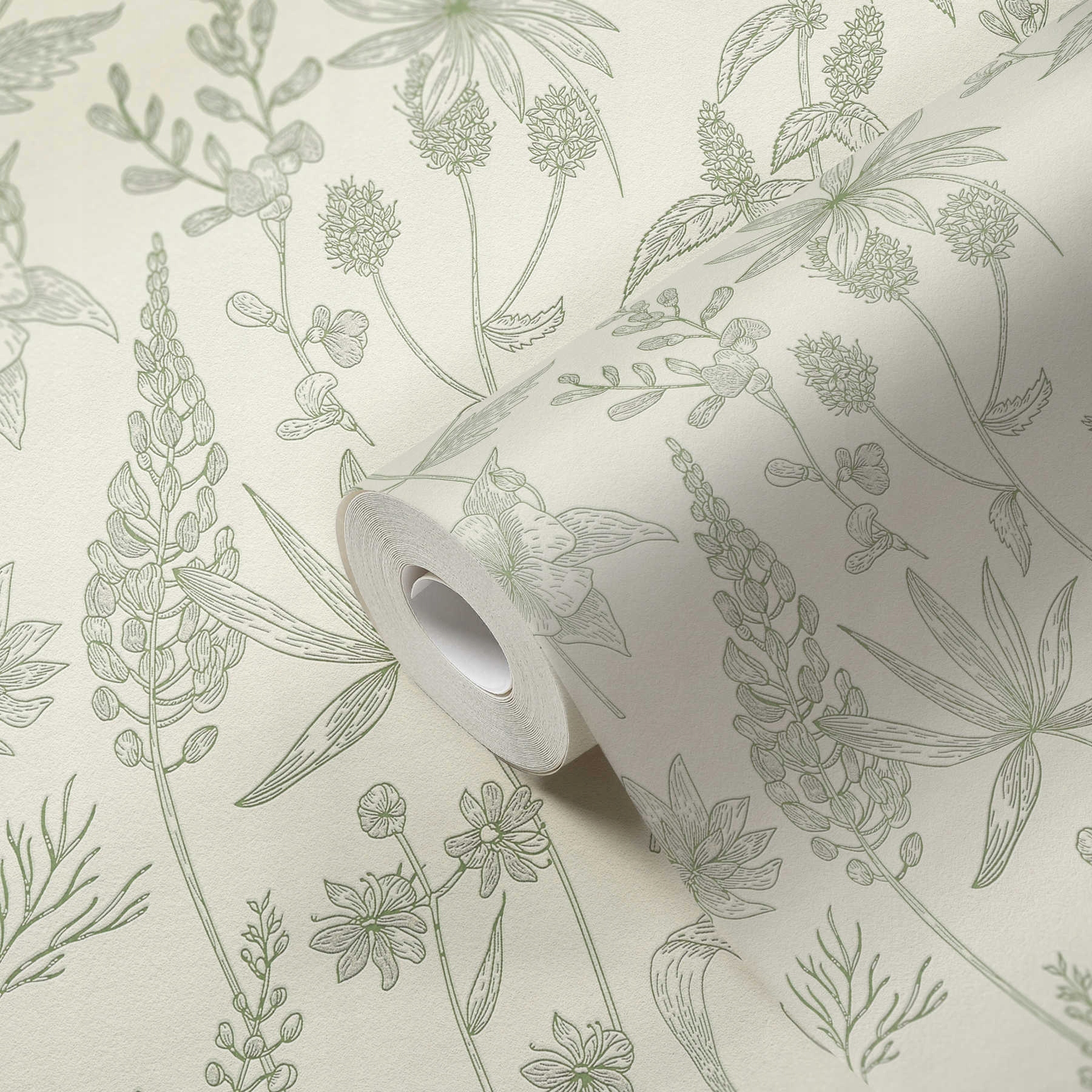 Tapeta Biała Oliwkowa Zieleń Zielnik Zioła Polne Kwiaty Tapety Zmywalne ...