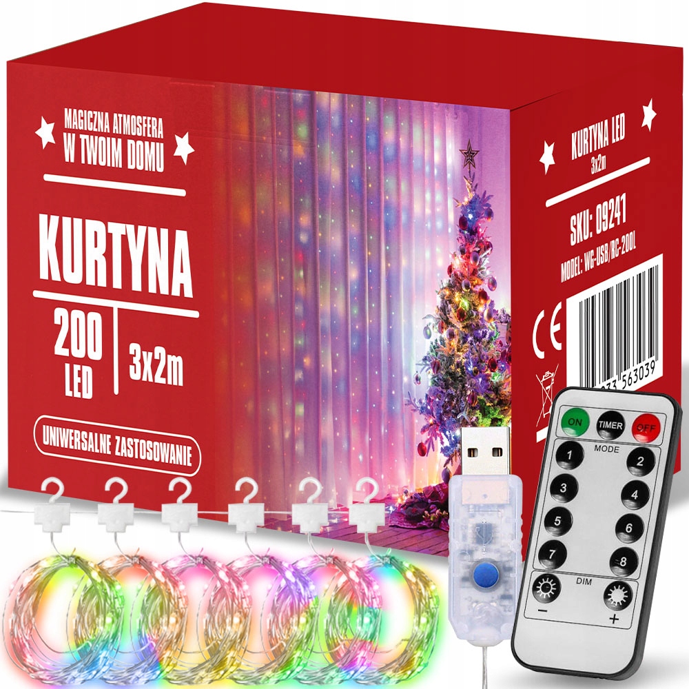 KURTYNA ŚWIETLNA LED LAMPKI ŚWIĄTECZNE CHOINKOWE GIRLANDA USB PILOT 3M ...
