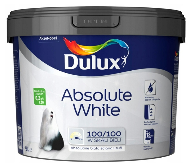 DULUx FARBA ABSOLUTE WHITE ŚNIEŻNOBIAŁA MATOWA 9L (5231493) • Cena ...