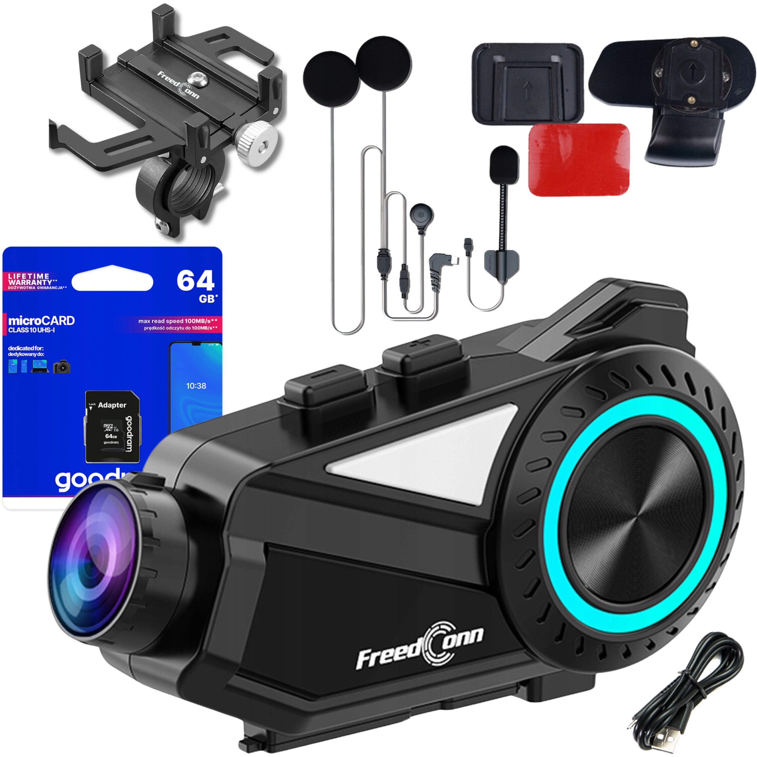 INTERKOM MOTOCYKLOWY FREEDCONN R3 Z NAGRYWANIEM 2K mówi w PL + karta ...