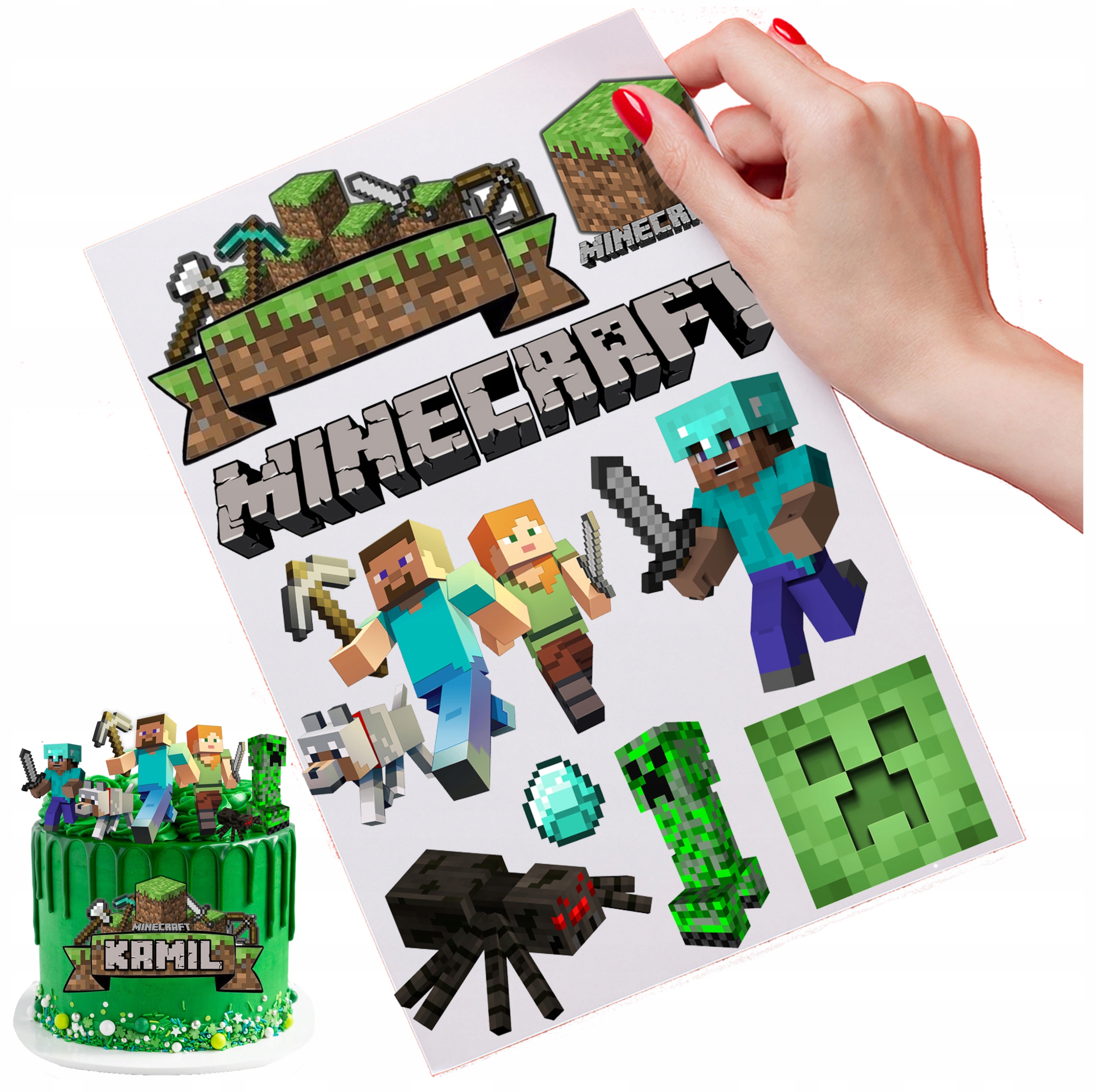 ZESTAW POSTACI OPŁATEK NA TORT MINECRAFT Z NAPISEM POSTACIE + IMIĘ ...