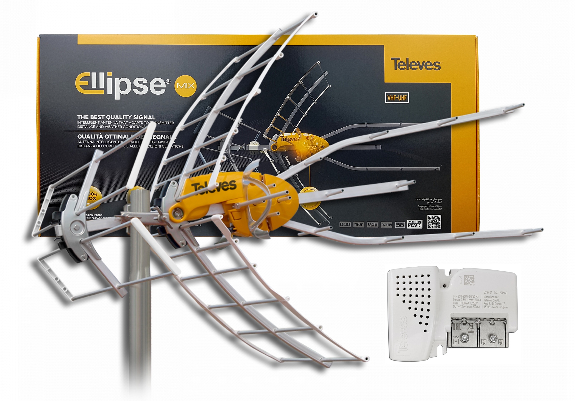 ANTENA DVB-T2 TELEVES ELLIPSE MIX 38dBi VHF/UHF ZASILACZ PICOKOM DUŻA ...