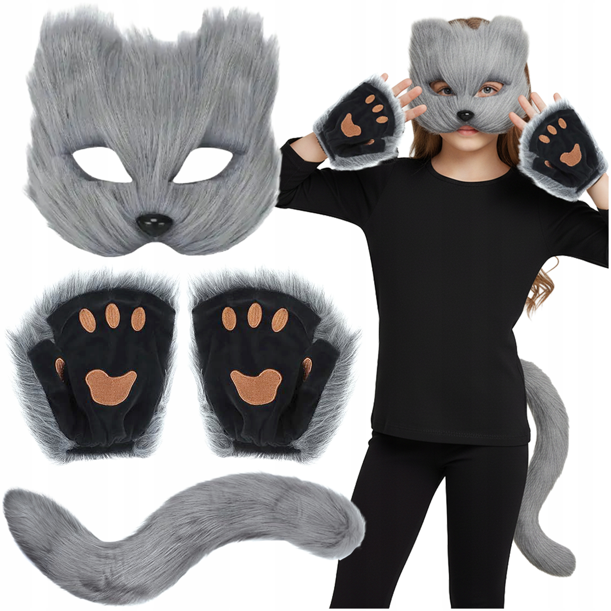 STRÓJ WILKA KOTA FURRY THERIAN OGON MASKA ŁAPKI KOSTIUM KOTA KOT SZARY ...
