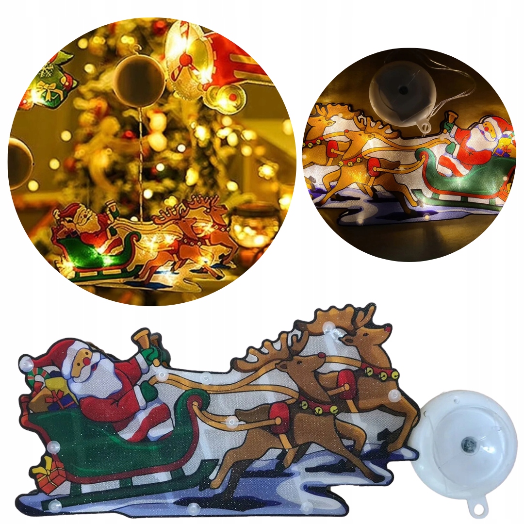 MIKOŁAJ OZDOBA ŚWIĄTECZNA LED OKNO FOLIA LAMPKI BIAŁY CIEPŁY RENIFER ...