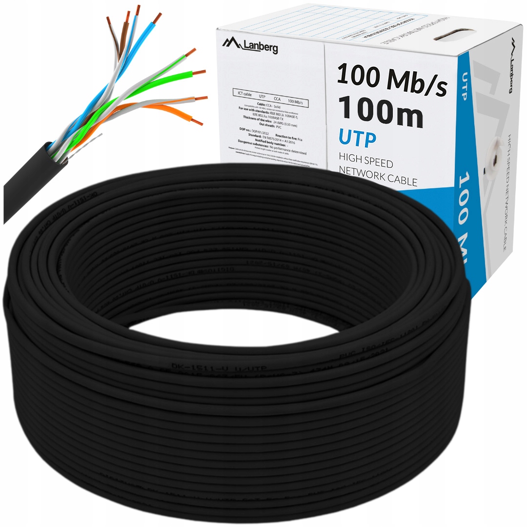 PRZEWÓD KABEL SIECIOWY LAN SKRĘTKA RJ45 UTP KAT.5E CAT.5E 100M LANBERG ...