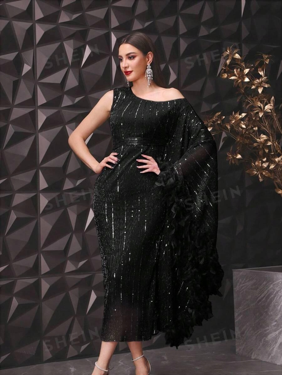 CZARNA PROSTA SUKIENKA MAXI KLASYCZNA PASEK PIÓRA SHEIN 40 • Cena, Opinie - Allegro