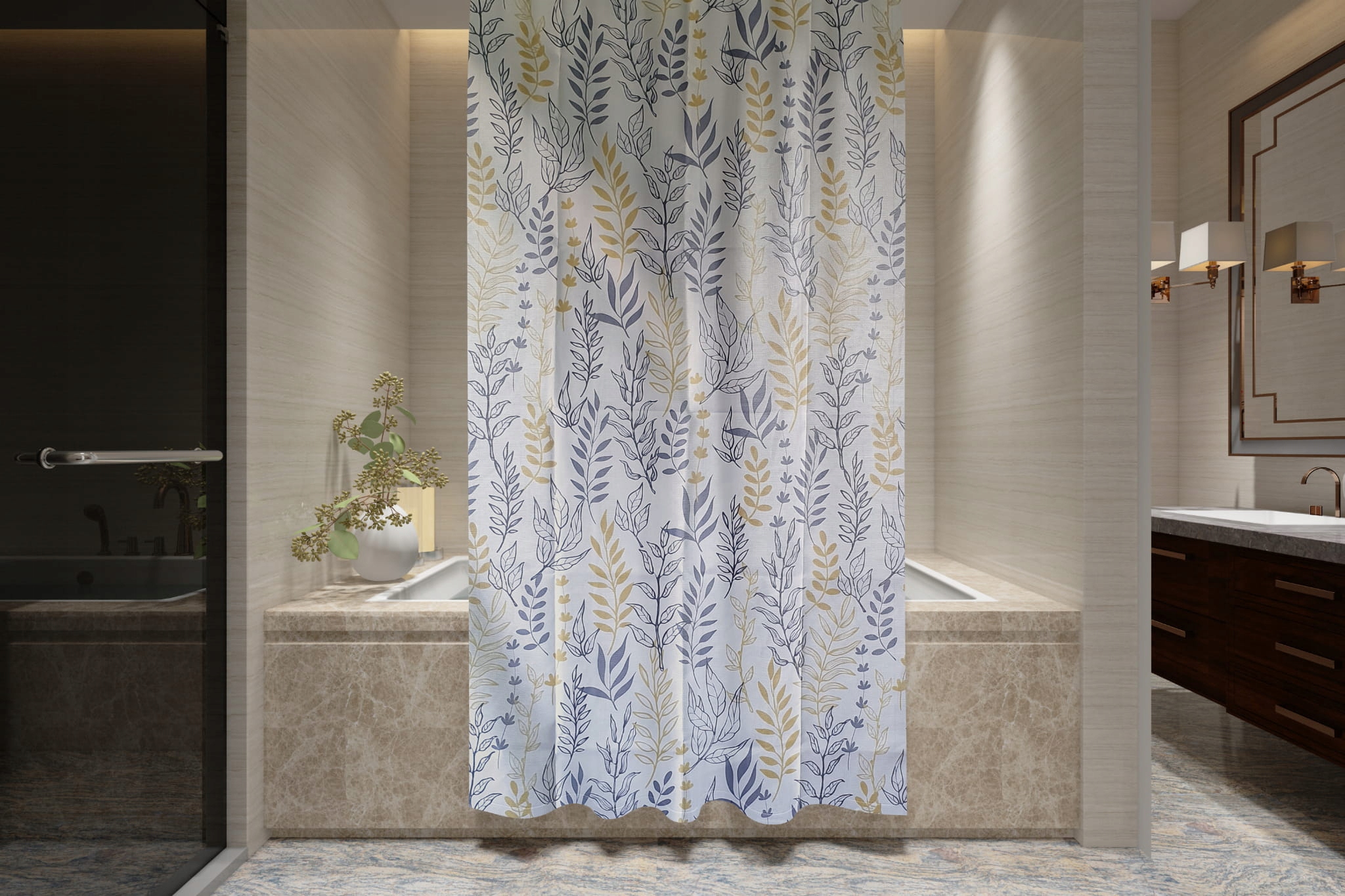 ZASŁONKA ZASŁON PRYSZNICOWA MATERIAŁ WIESZAKAMI WANNY KABINY LIŚCIE 180x180 (5600938028951 ...