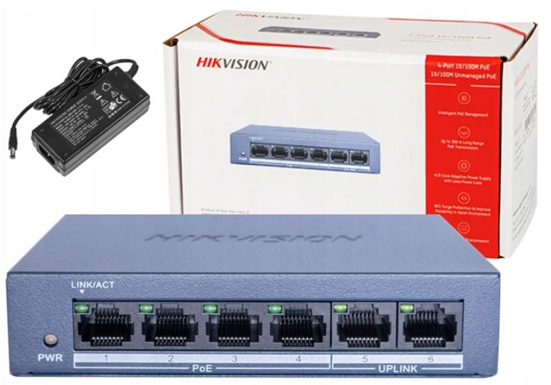 SWITCH POE DS-XS0106-P HIKVISION 4x POE + 2x UPLINK 45W do KAMER IP - Sklep, Opinie, Cena w Allegro