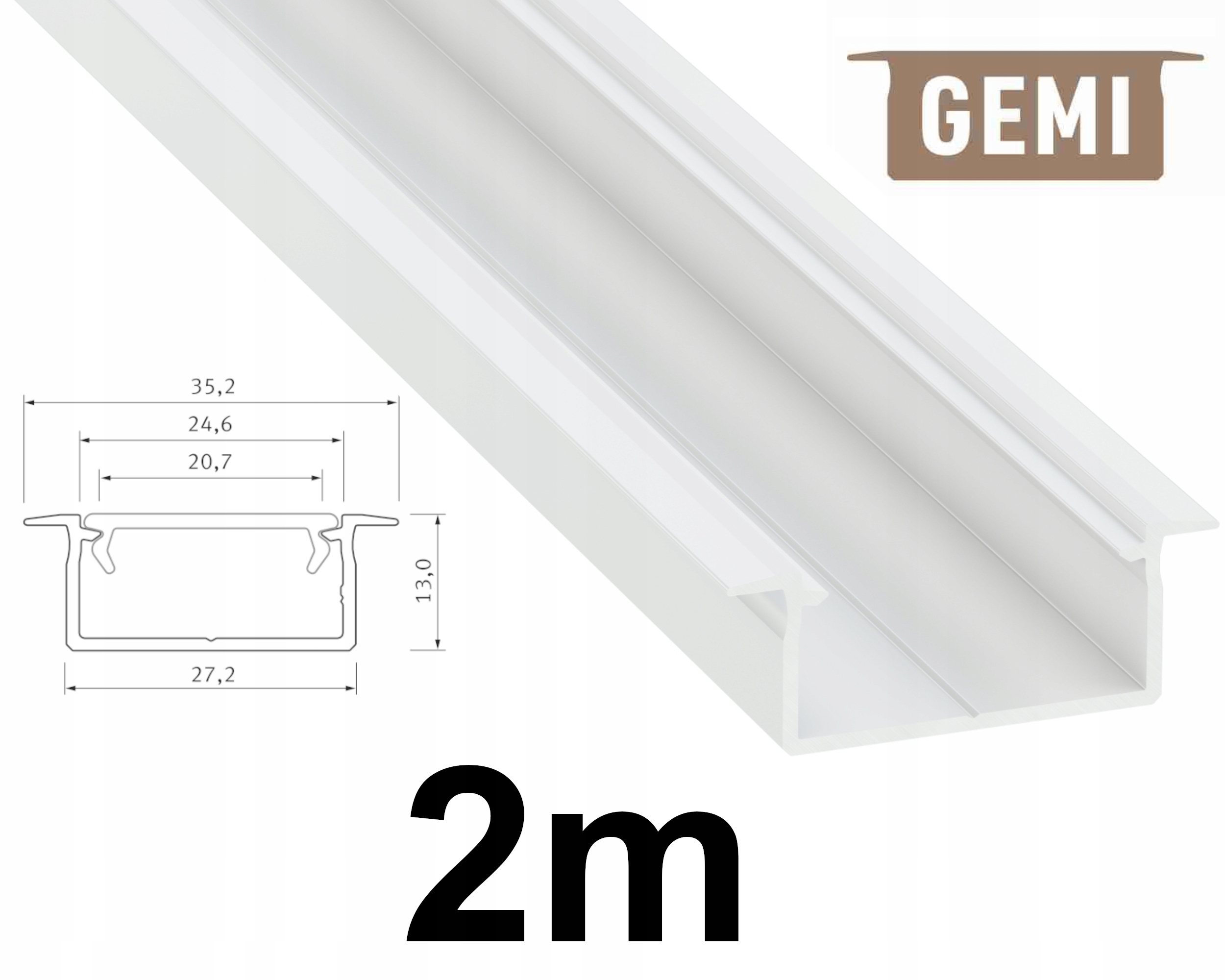 PROFIL DO TAŚM LED SZEROKI NA 2 TAŚMY LED GEMI WPUSZCZANY BIAŁY 2M ...