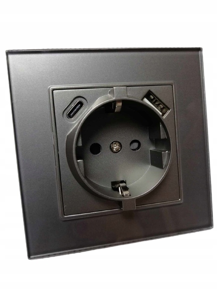 Zásuvka čtvercový kontakt Schuko šedá ve skleněném rámečku + USB + USB ...