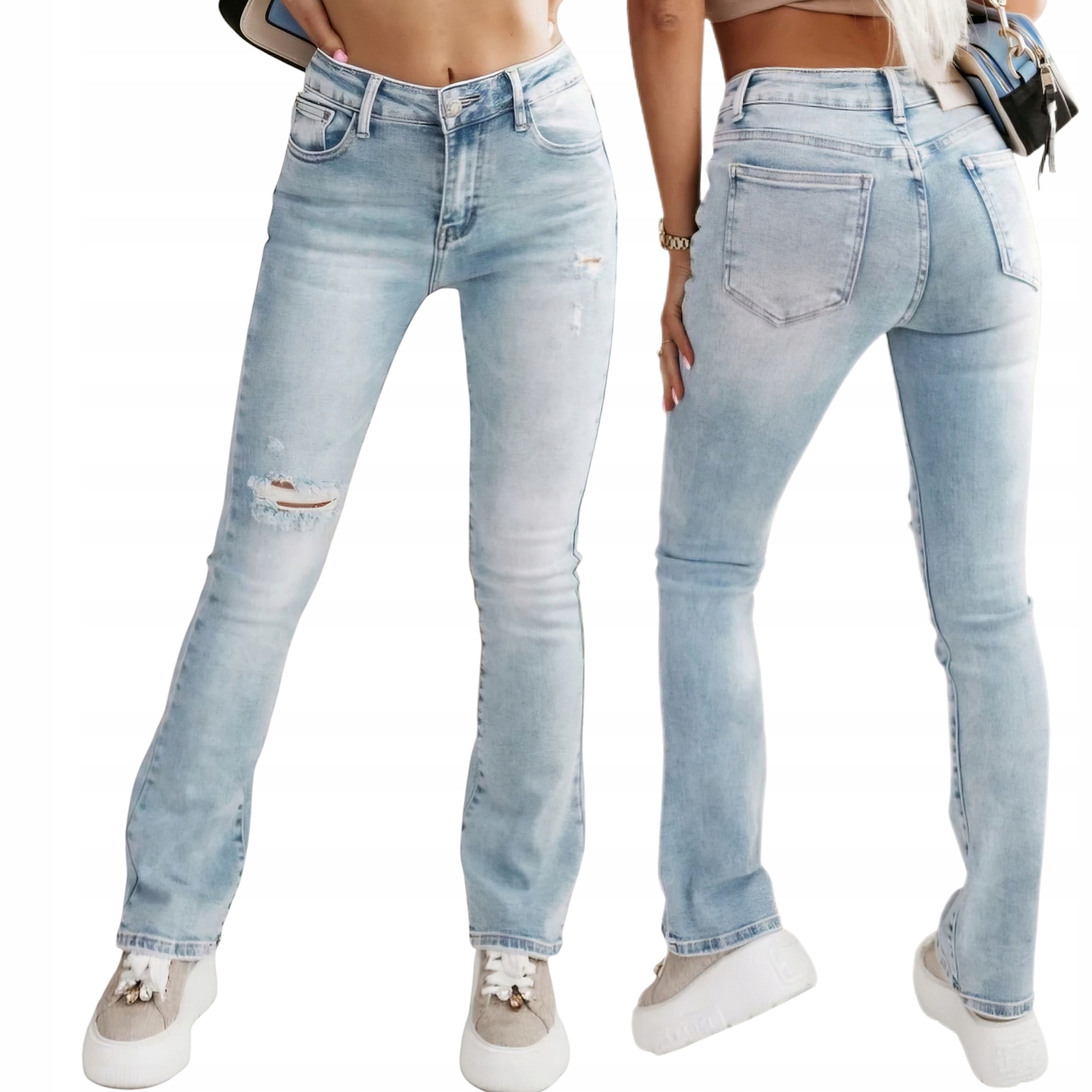 MODNE SPODNIE JASNY JEANSY DZWONY, MODELUJĄCE r. M PL DZIURY PRZETARCIA ...