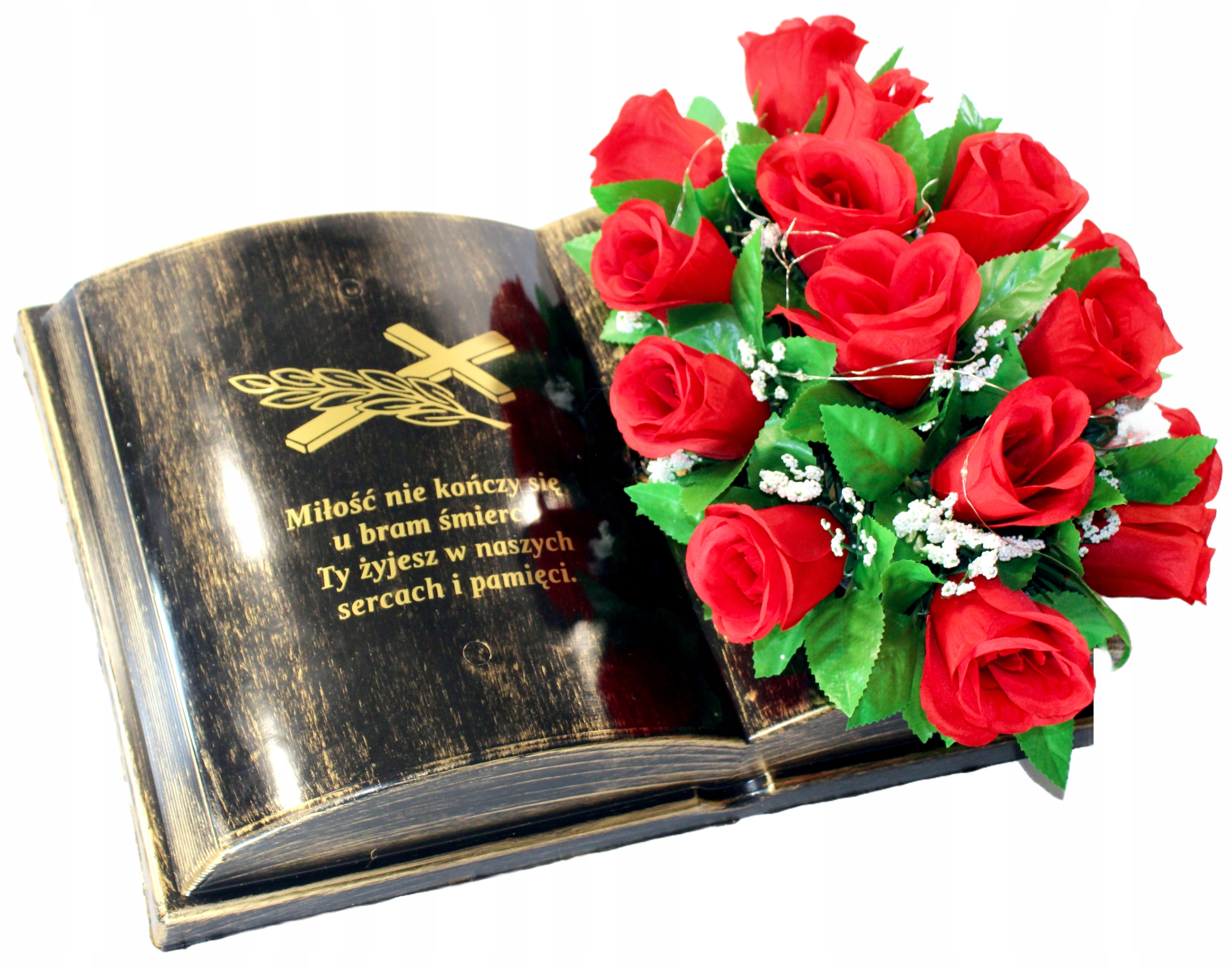 KNIHA na hrob dekorace RŮŽE červená KNIHA na pomník Zlatá písmena za ...