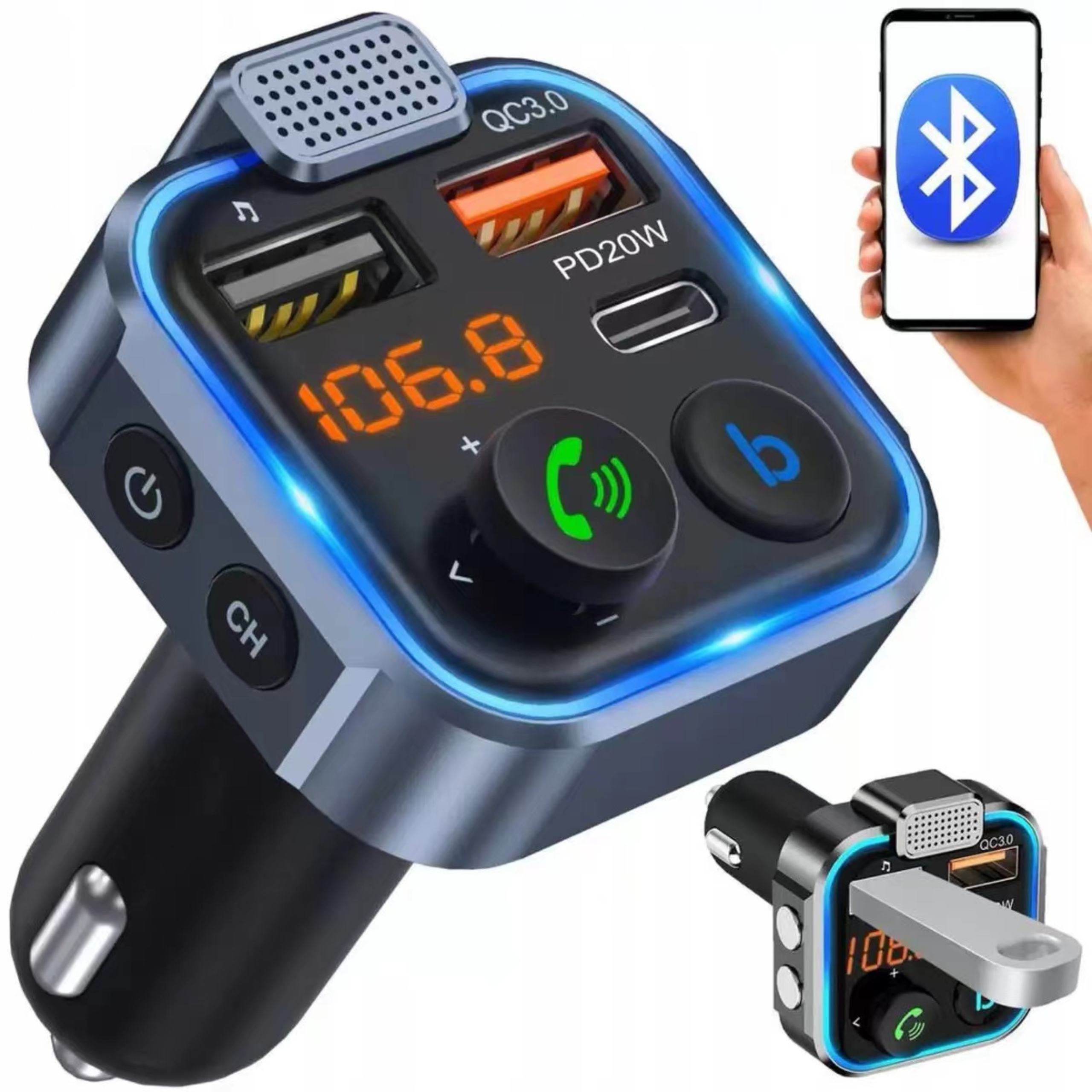 TRANSMITER BLUETOOTH SAMOCHODOWY FM BEZPRZEWODOWY ŁADOWARKA USB USB-C ...