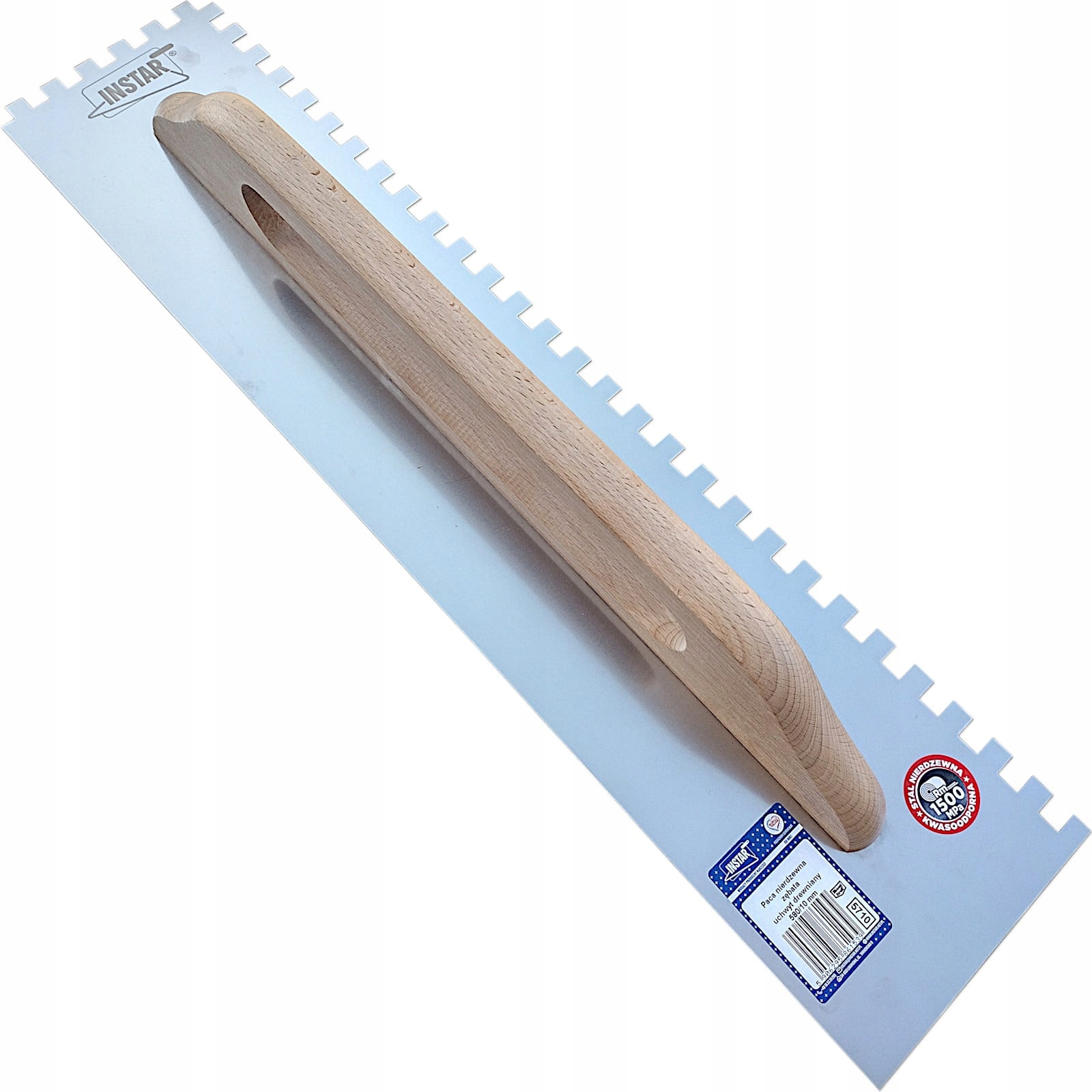 Nerezové zubové hladidlo 128x580 mm, zub 12x12 mm, drevená rukoväť ...