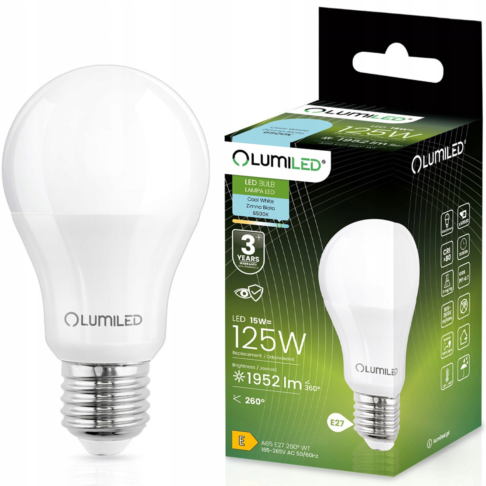 Żarówka LED E27 A65 15W = 125W 1952lm 6500K Zimna 260° LUMILED (620174 ...