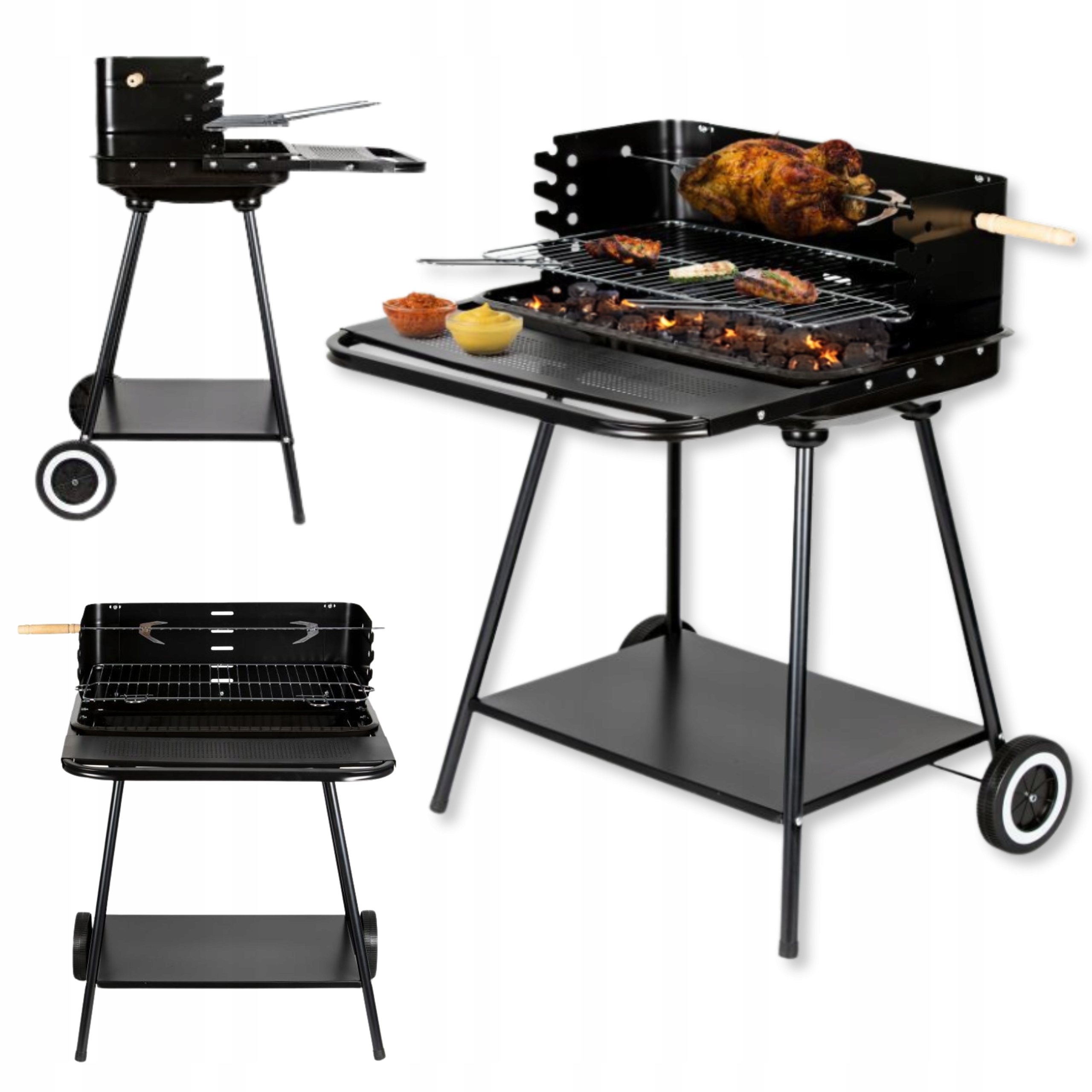 GRILL OGRODOWY WĘGLOWY GRIL RUSZT Z ROŻNEM KÓŁKA REGULACJA WYSOKOŚCI ...