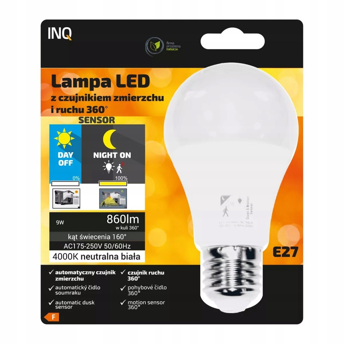 Żarówka LED E27 9W z czujnikiem ruchu i zmierzchu INQ (5902467425349 ... Żarówka LED E27 9W z czujnikiem ruchu i zmierzchu INQ (5902467425349 ...
