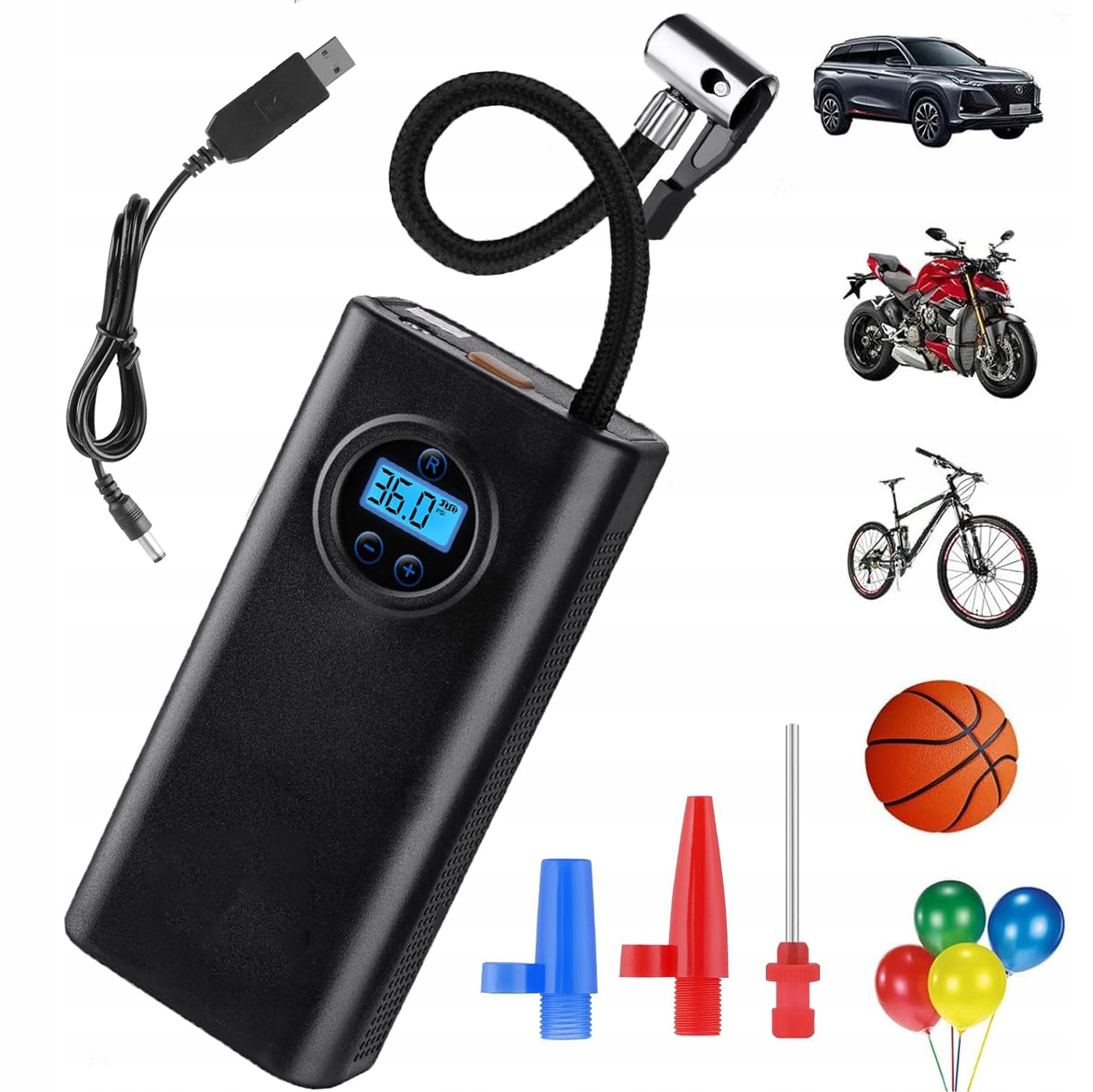 BEZPRZEWODOWA POMPKA ELEKTRYCZNA KOMPRESOR SAMOCHODOWA ROWEROWA KÓŁ ...