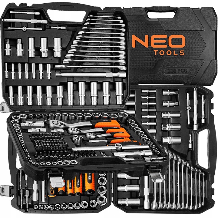 NEO TOOLS Dugókulcs készlet 220 részes, 1/2", 3/8", 1/4" Kofferben 10 ...